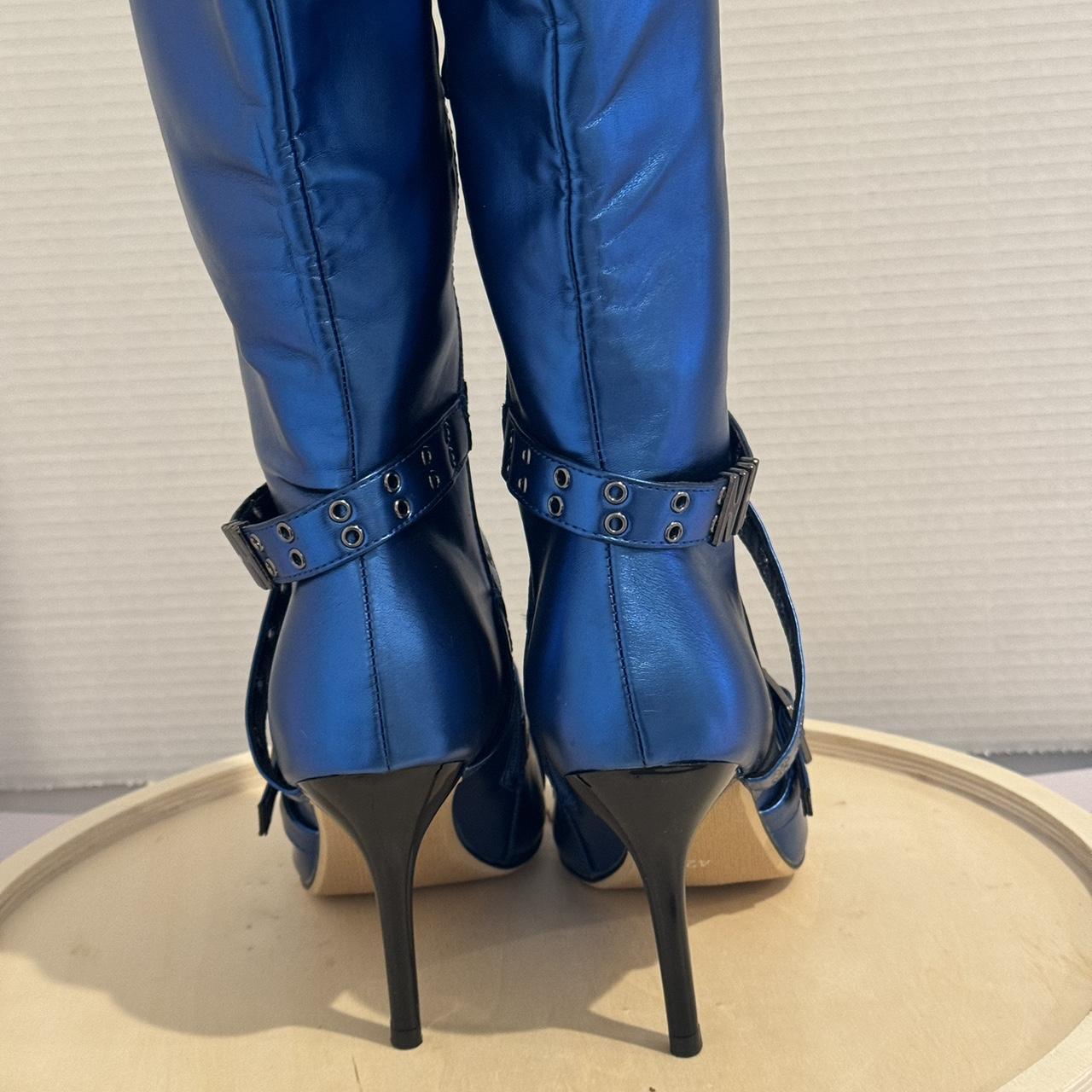 Metallic Blue knee high boots with pointy heels and... - Depop