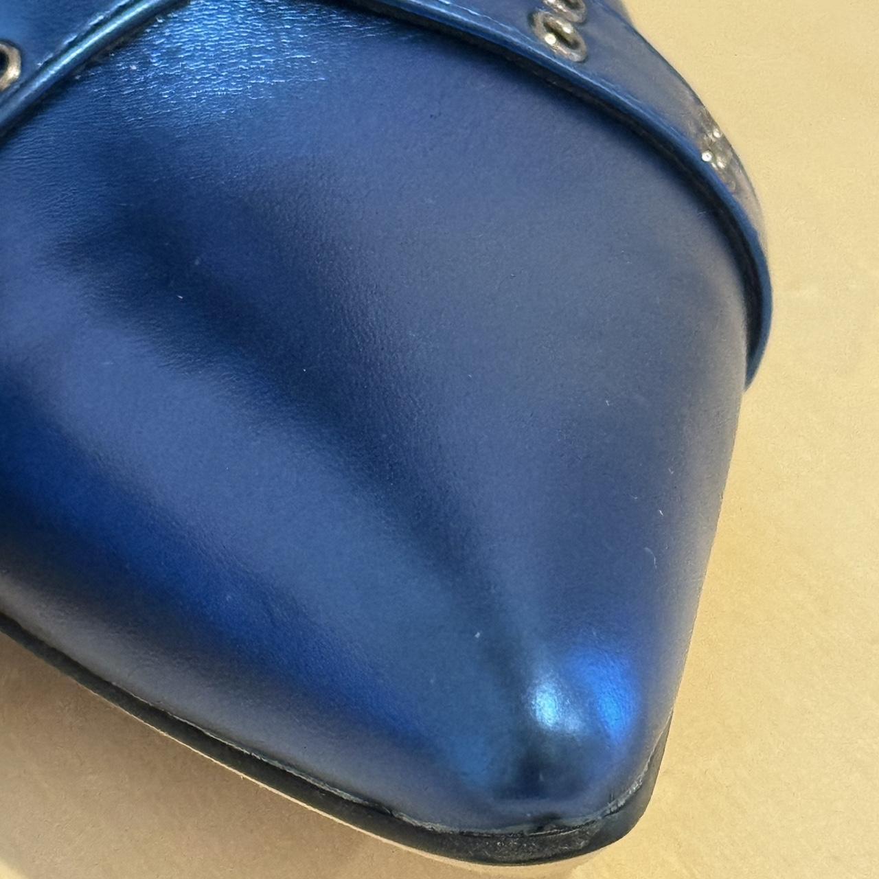 Metallic Blue knee high boots with pointy heels and... - Depop