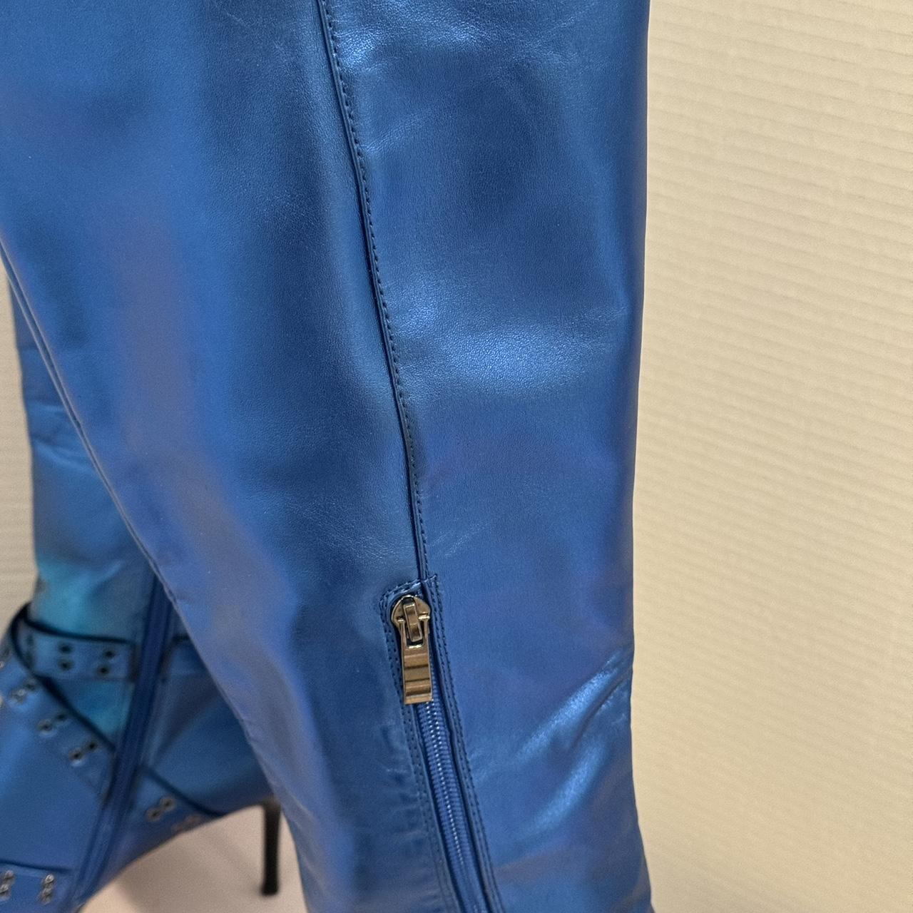 Metallic Blue knee high boots with pointy heels and... - Depop