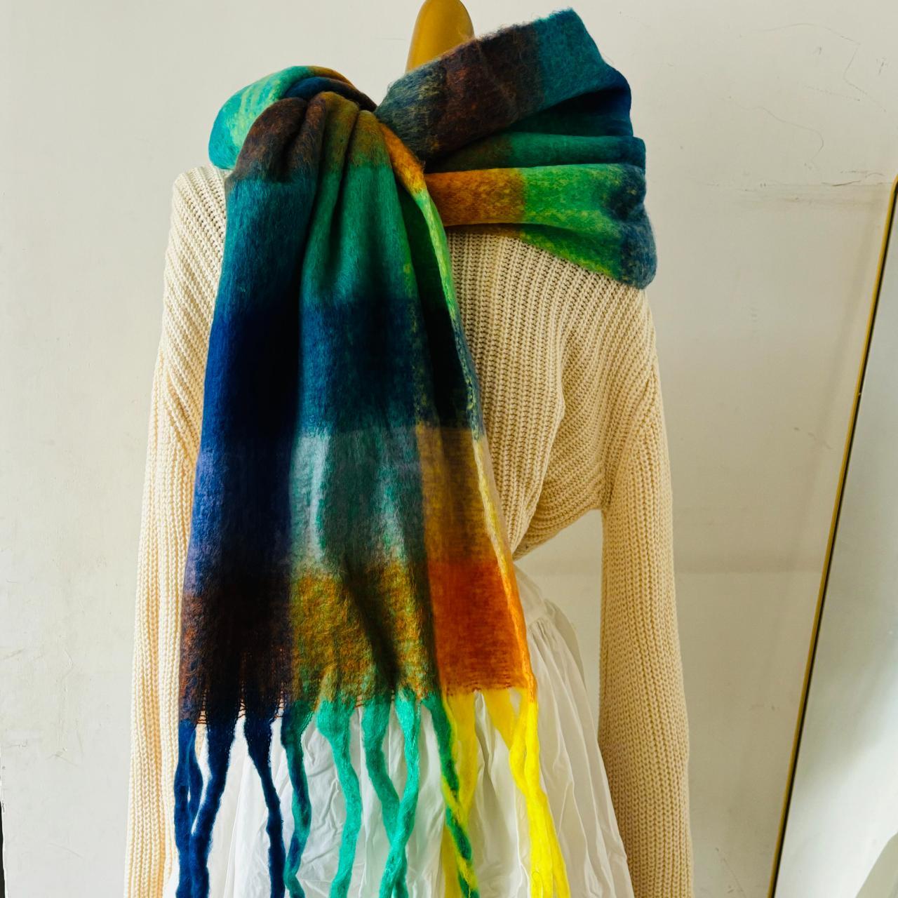 Multi-coloured wool scarf with fringe, super thick... | Depop