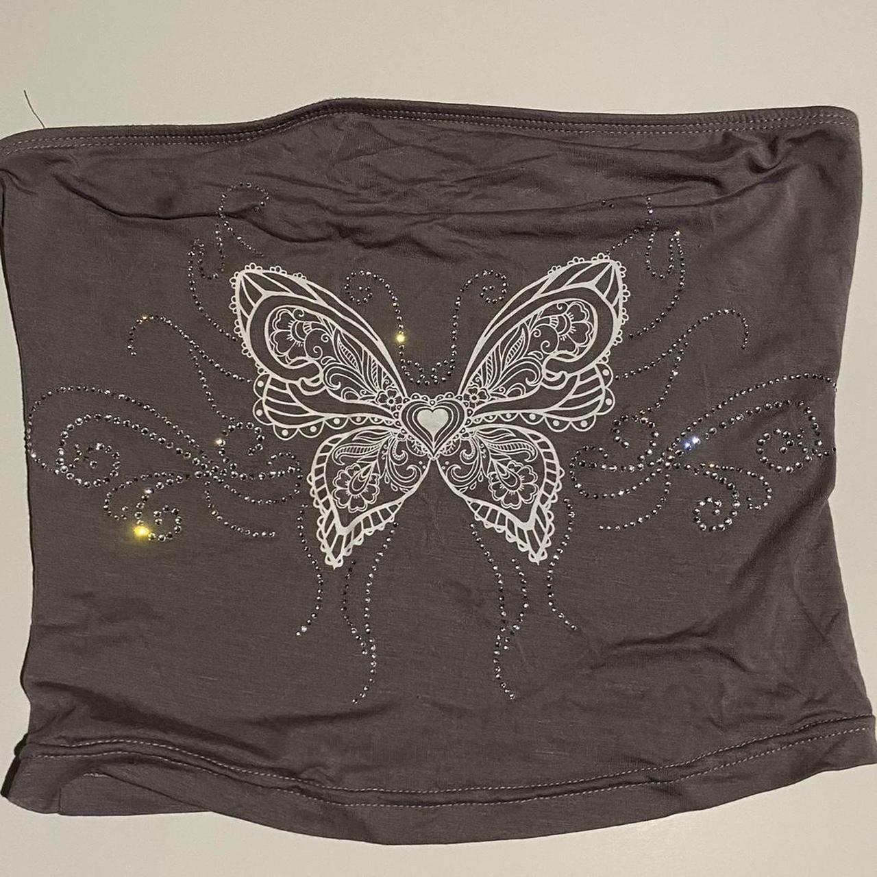 grey tube top with white butterfly and rhinestones - Depop