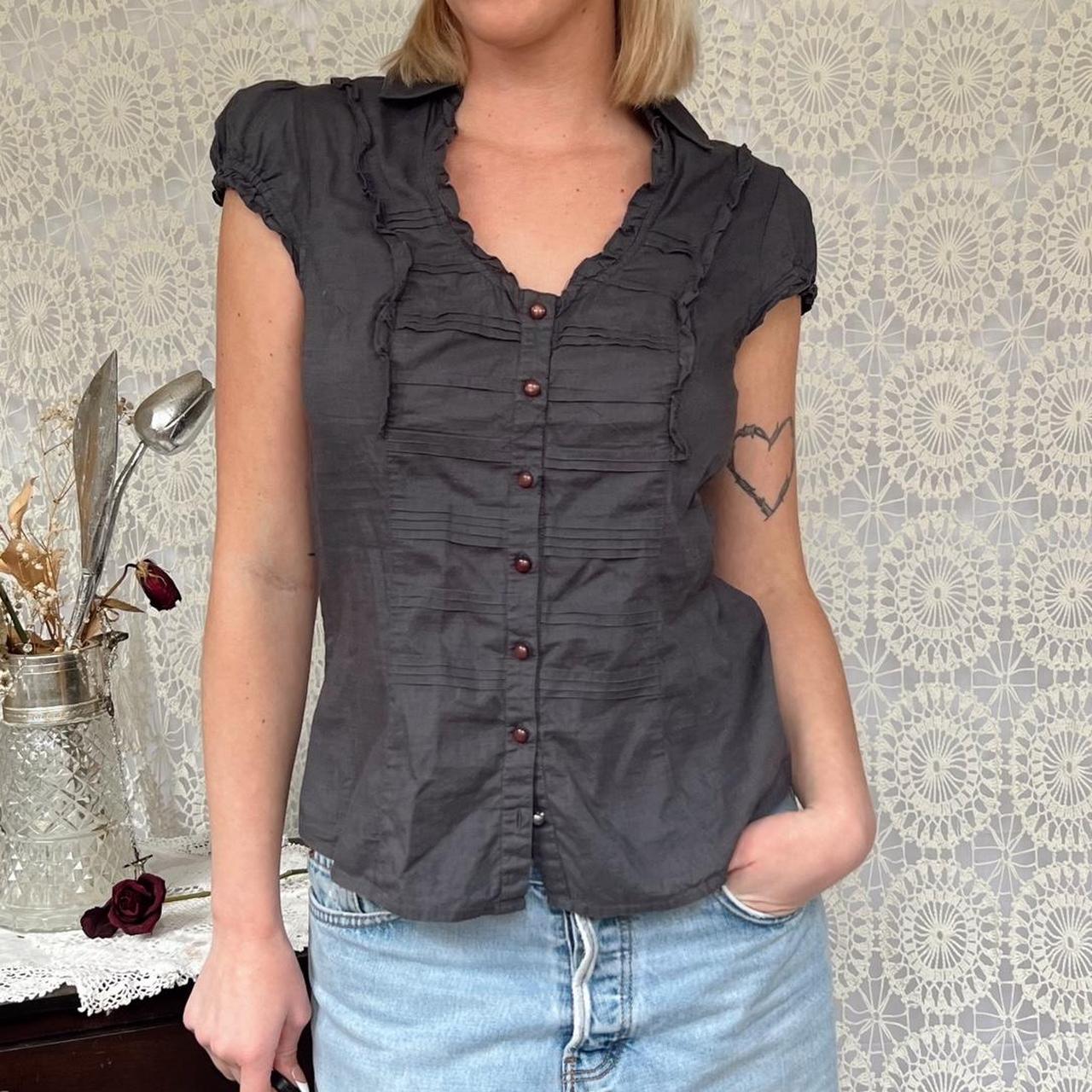 grey button-up blouse ruffle details / cute... | Depop