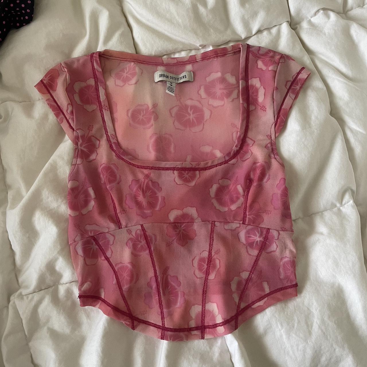 Urban outfitters pink Hawaiian flower top, sheer but... - Depop