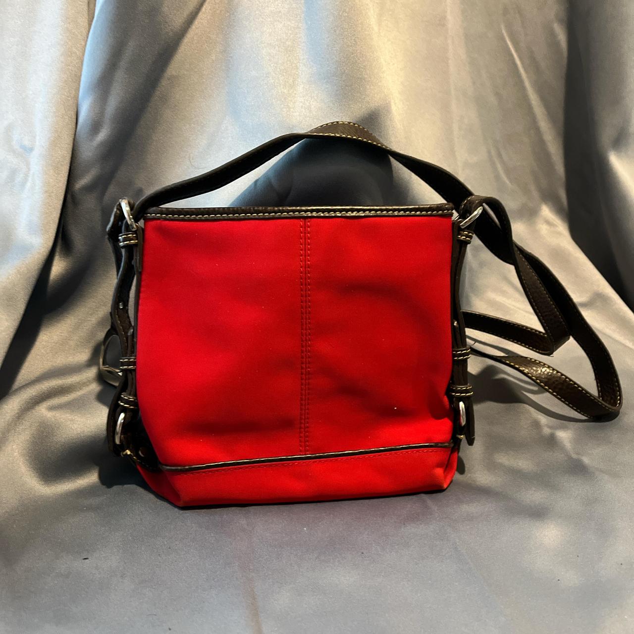 Chaps purse red in color with brown straps. No wear... - Depop