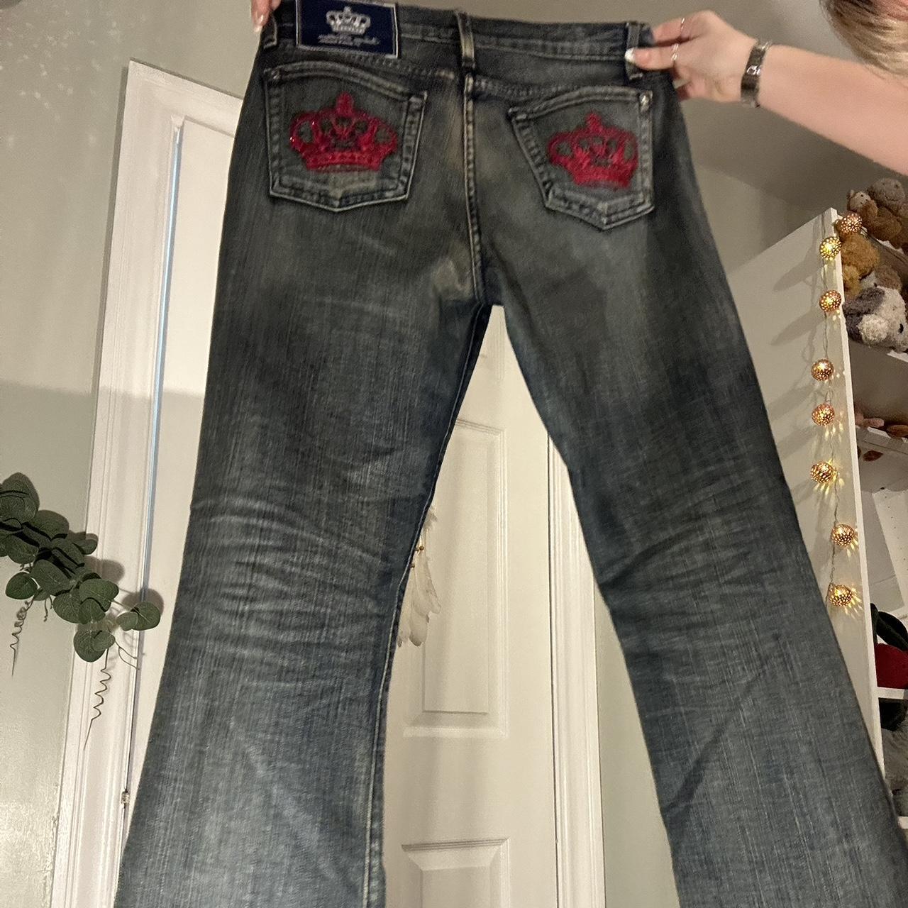 victoria beckham red diamanté crown jeans. dark wash... - Depop