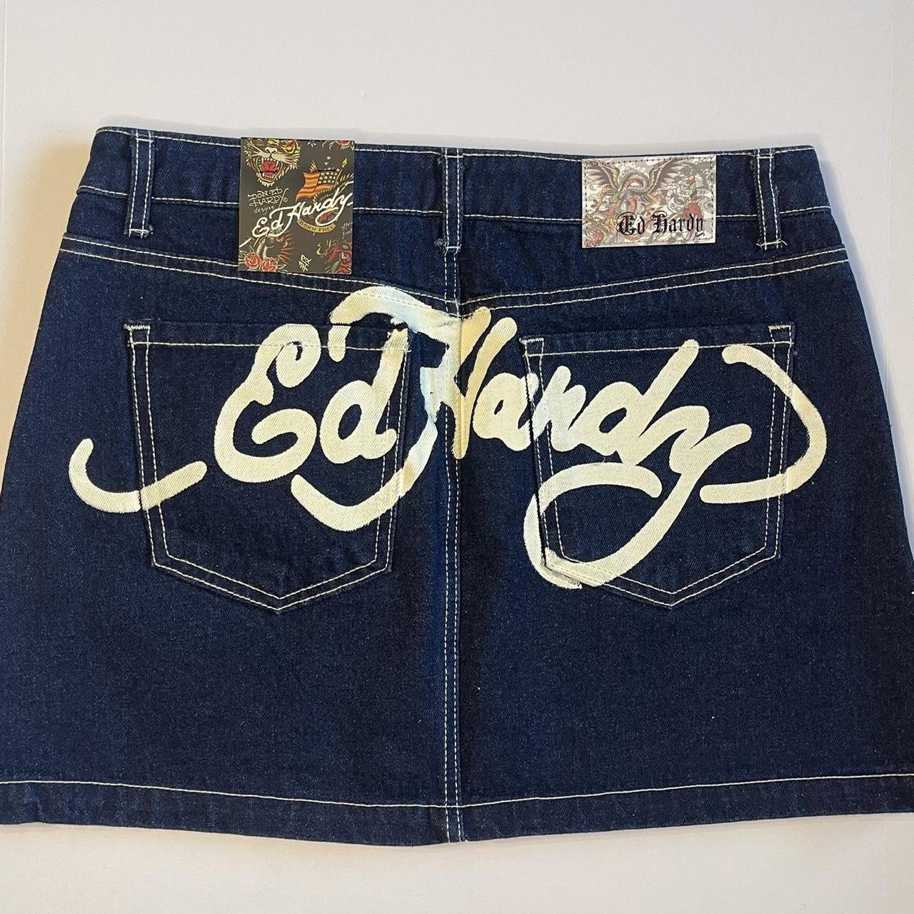 Ed Hardy Denim Mini Skirt Panther & Roses - Depop