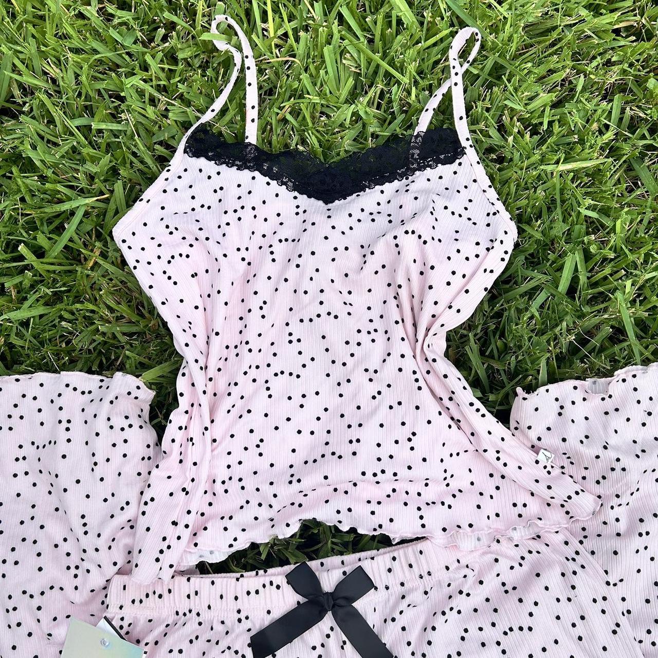 Pink and black polka dot pajama set with lace trim... - Depop