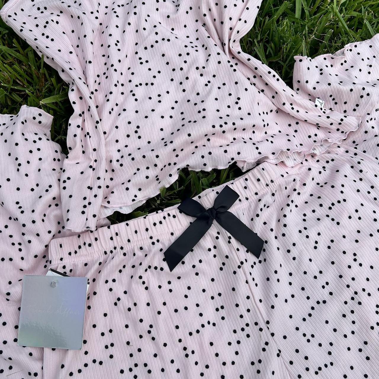 Pink and black polka dot pajama set with lace trim... - Depop