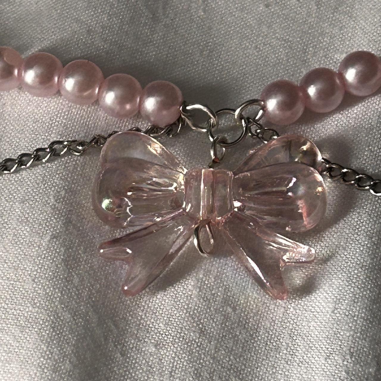 Pink pearl bow necklace handmade by me #jewellednova... - Depop