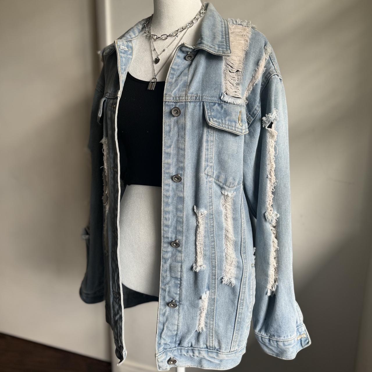 Oversized distressed denim jacket, lightly used and... - Depop