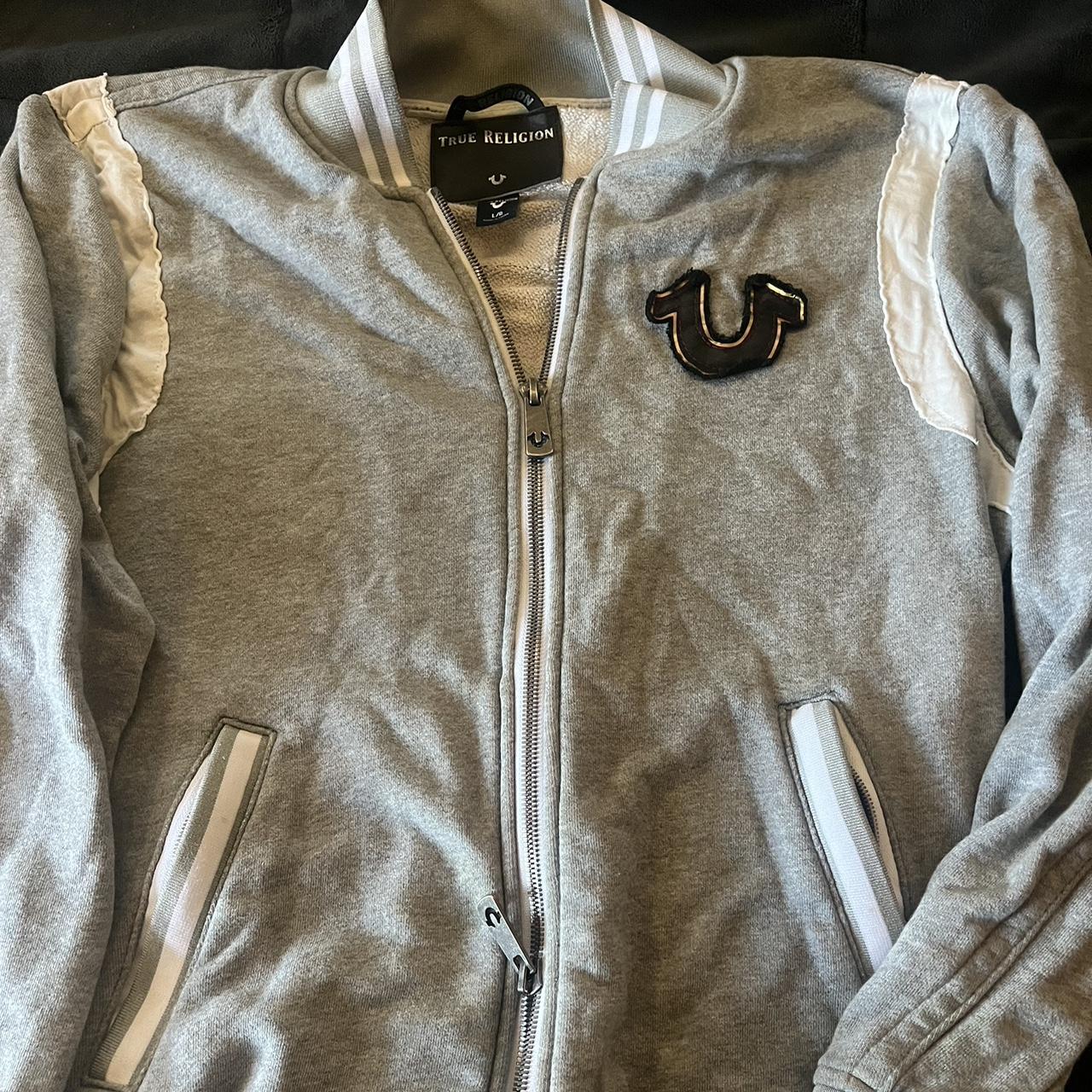 True Religion Grey zip up Has a weird varsity style... - Depop