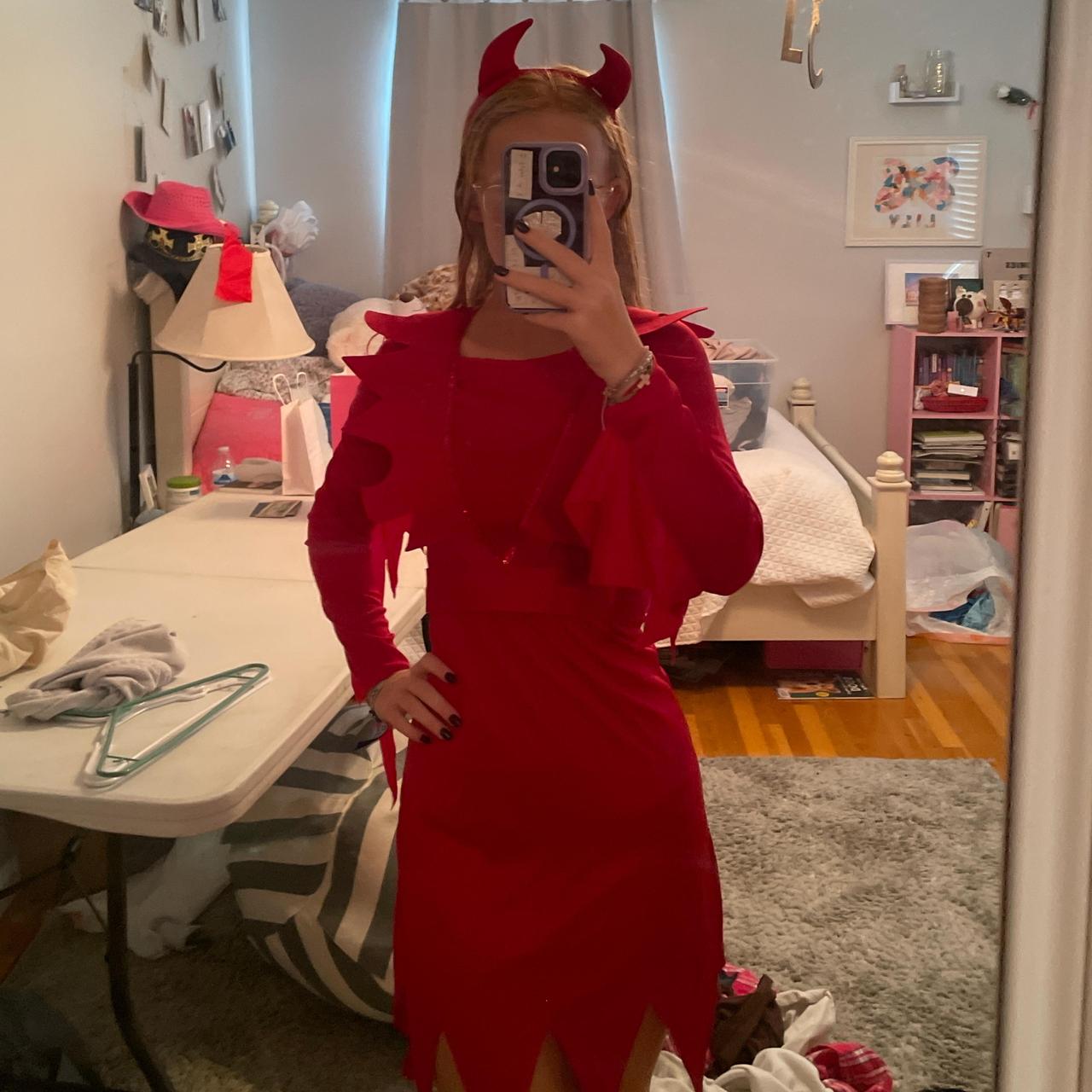 snatching red devil costume-includes horns, dress,... - Depop