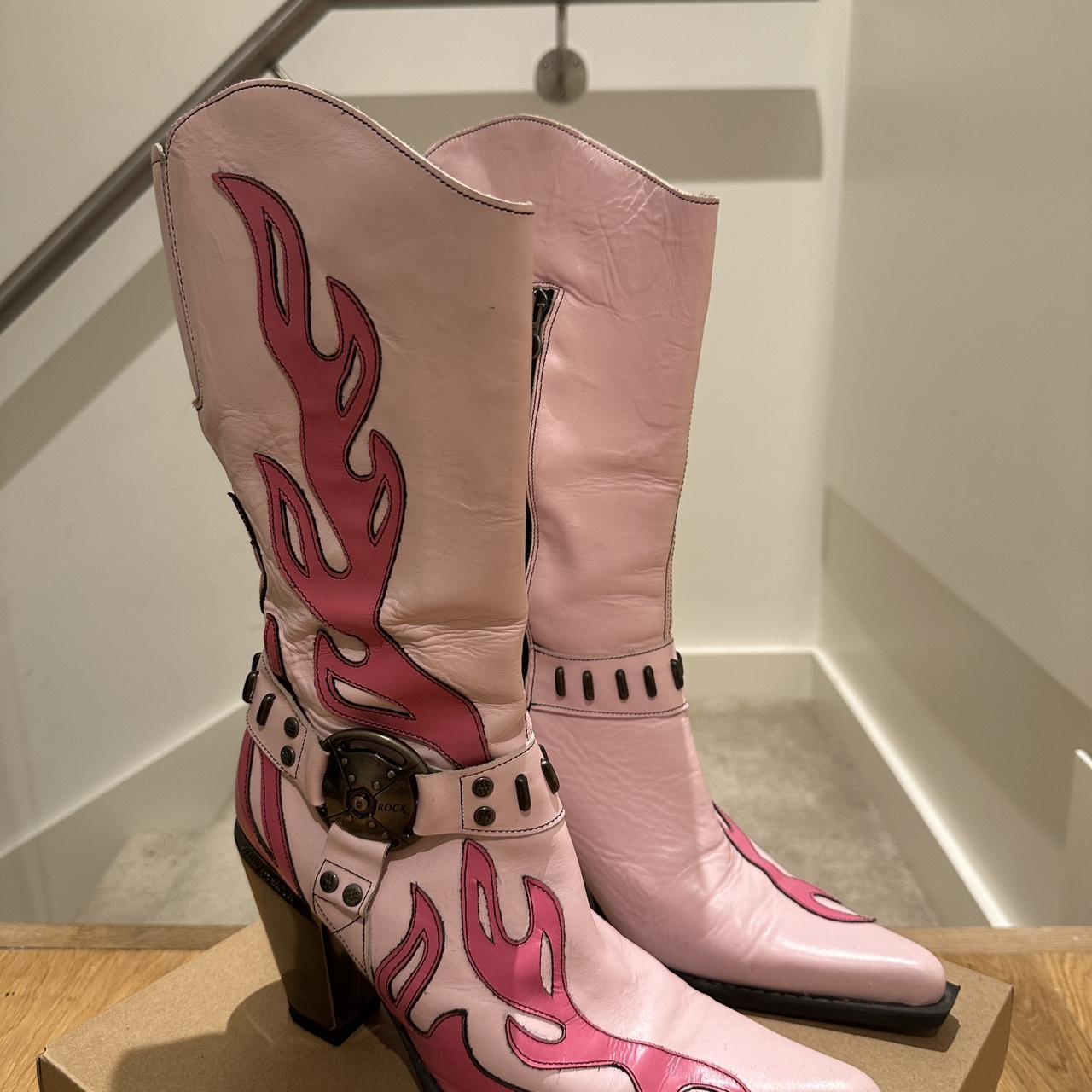 Very rare New Rock pink flame boots handmade Cowboy... - Depop