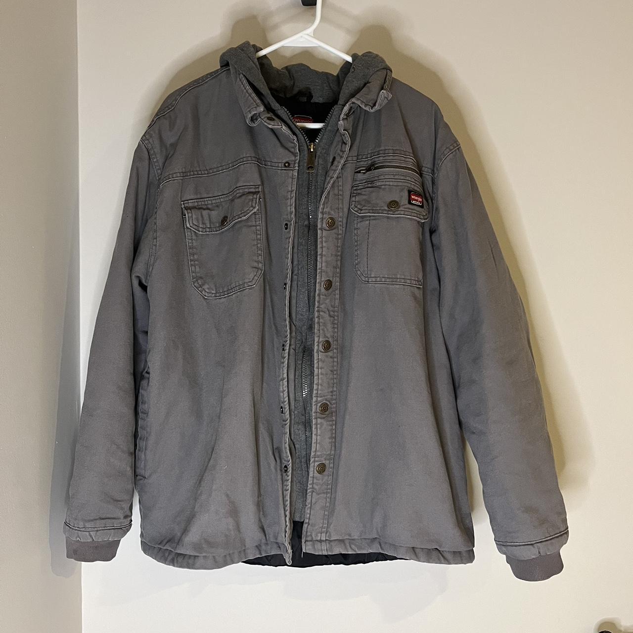 Xl grey wrangler heavy work jacket, zippers and... - Depop