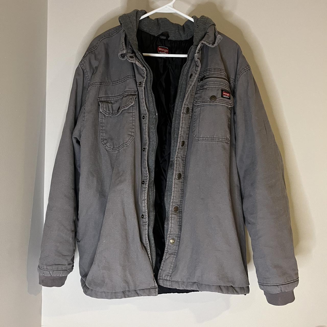 Xl grey wrangler heavy work jacket, zippers and... - Depop
