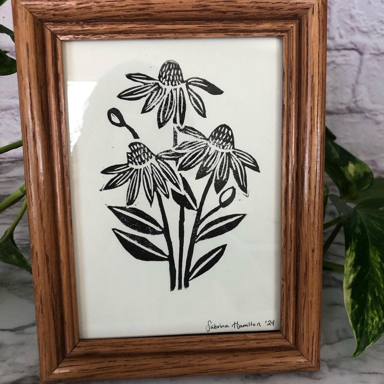 Handmade coneflower daisy linocut print,... - Depop