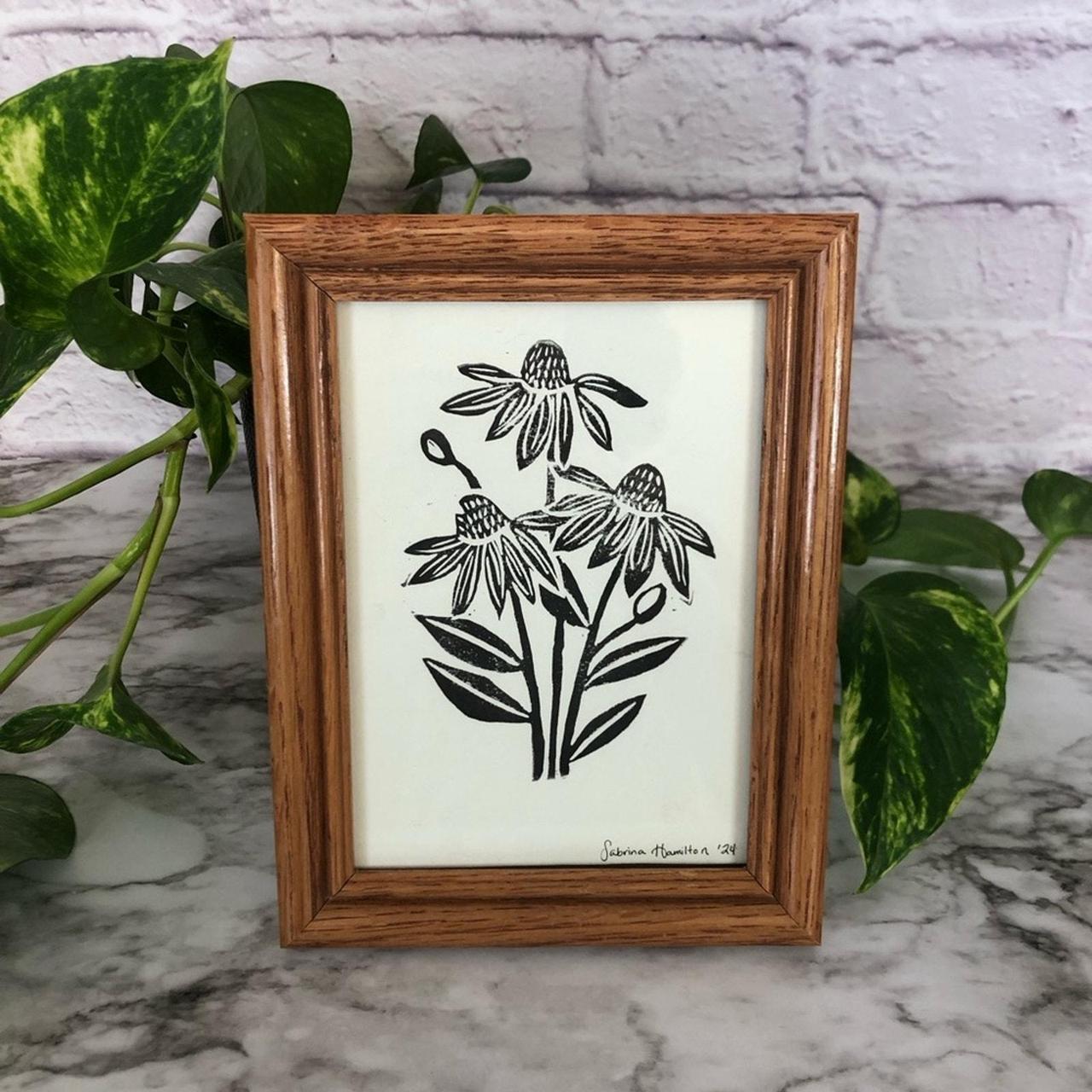 Handmade coneflower daisy linocut print,... - Depop