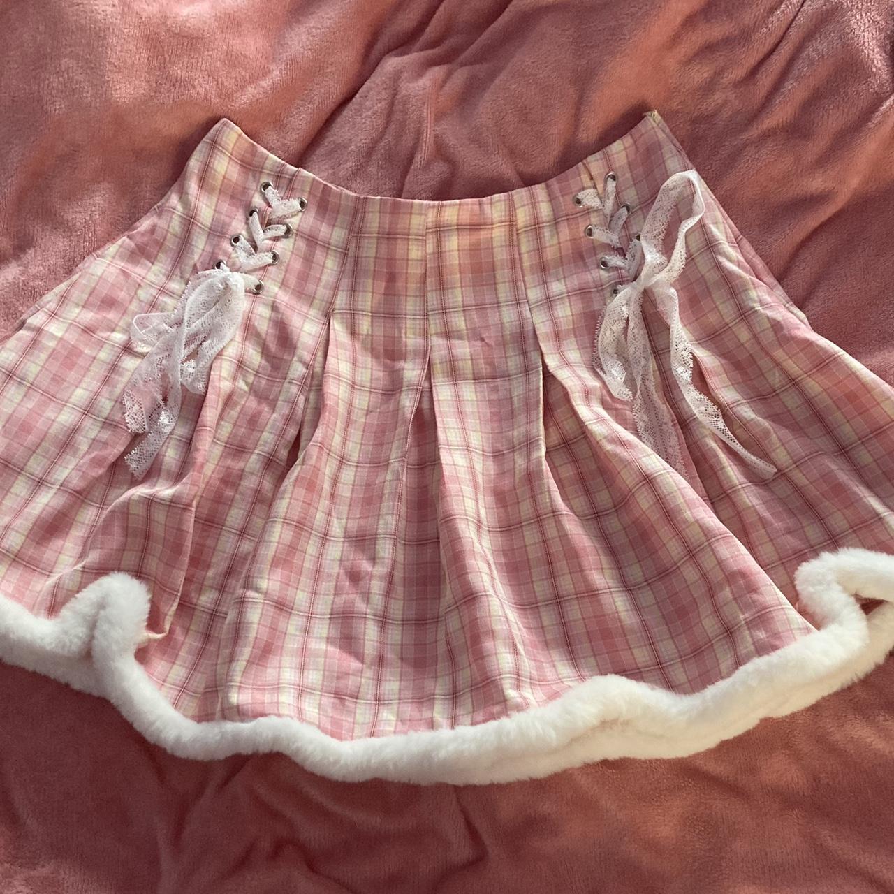 Pink fur trim skirt = Description = •pink plaid... - Depop