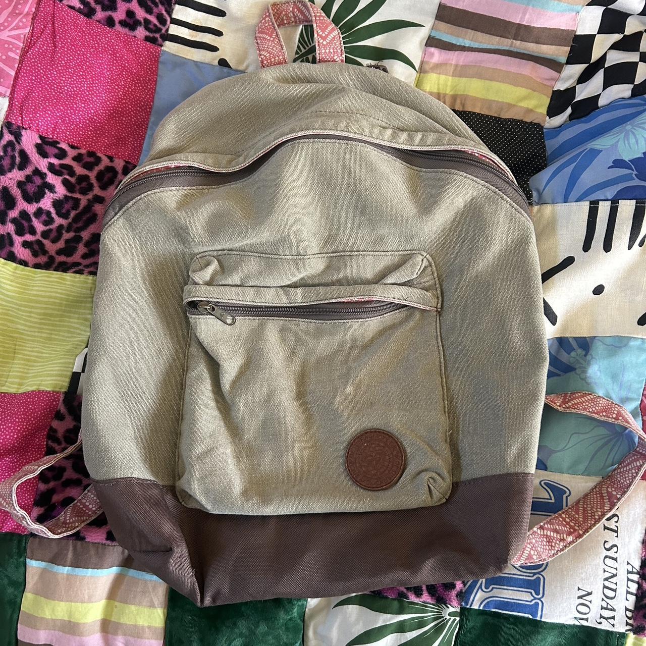 Brown and tan roxy backpack with pink accents... - Depop