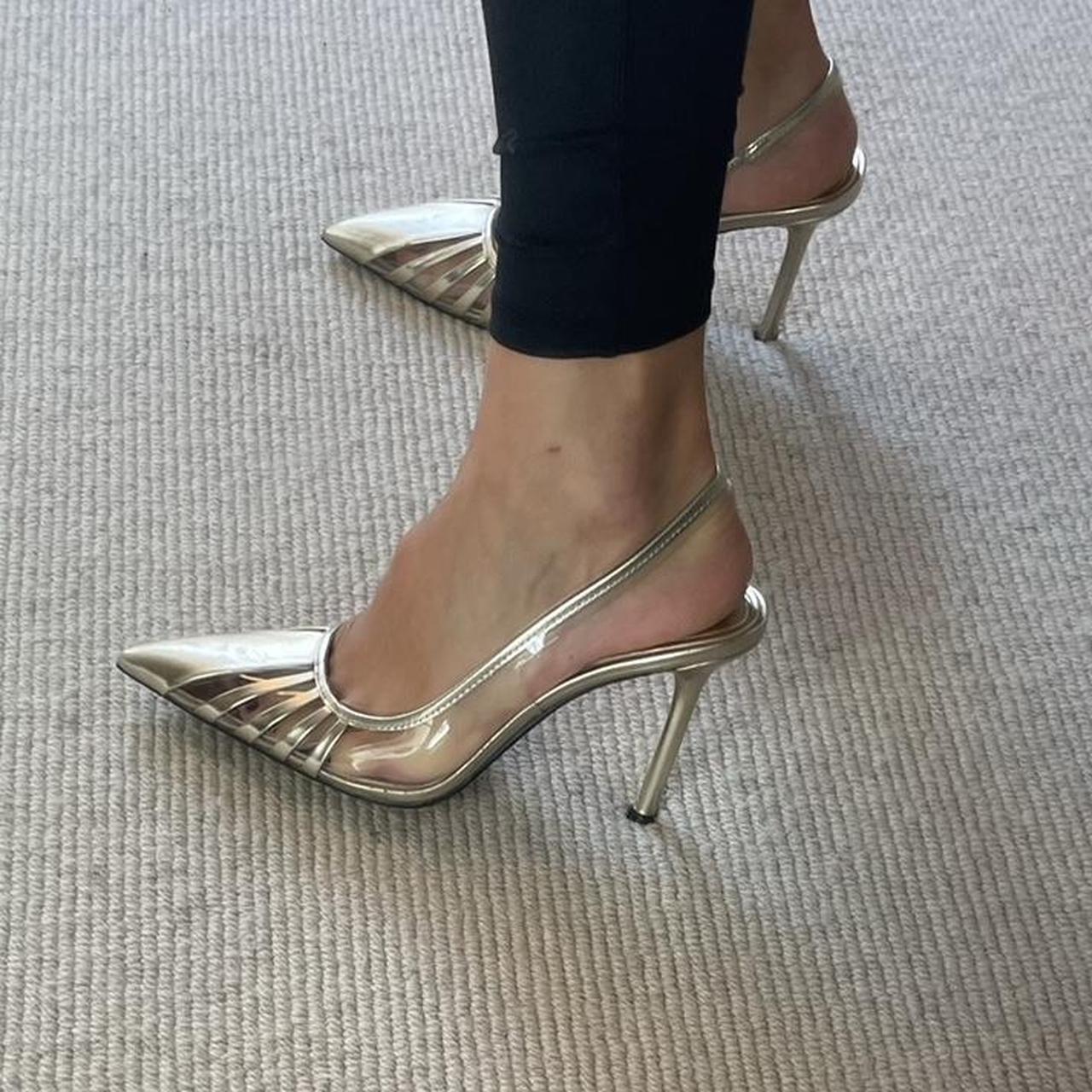 Gold & Perspex pointed sling back heels from Zara.... - Depop