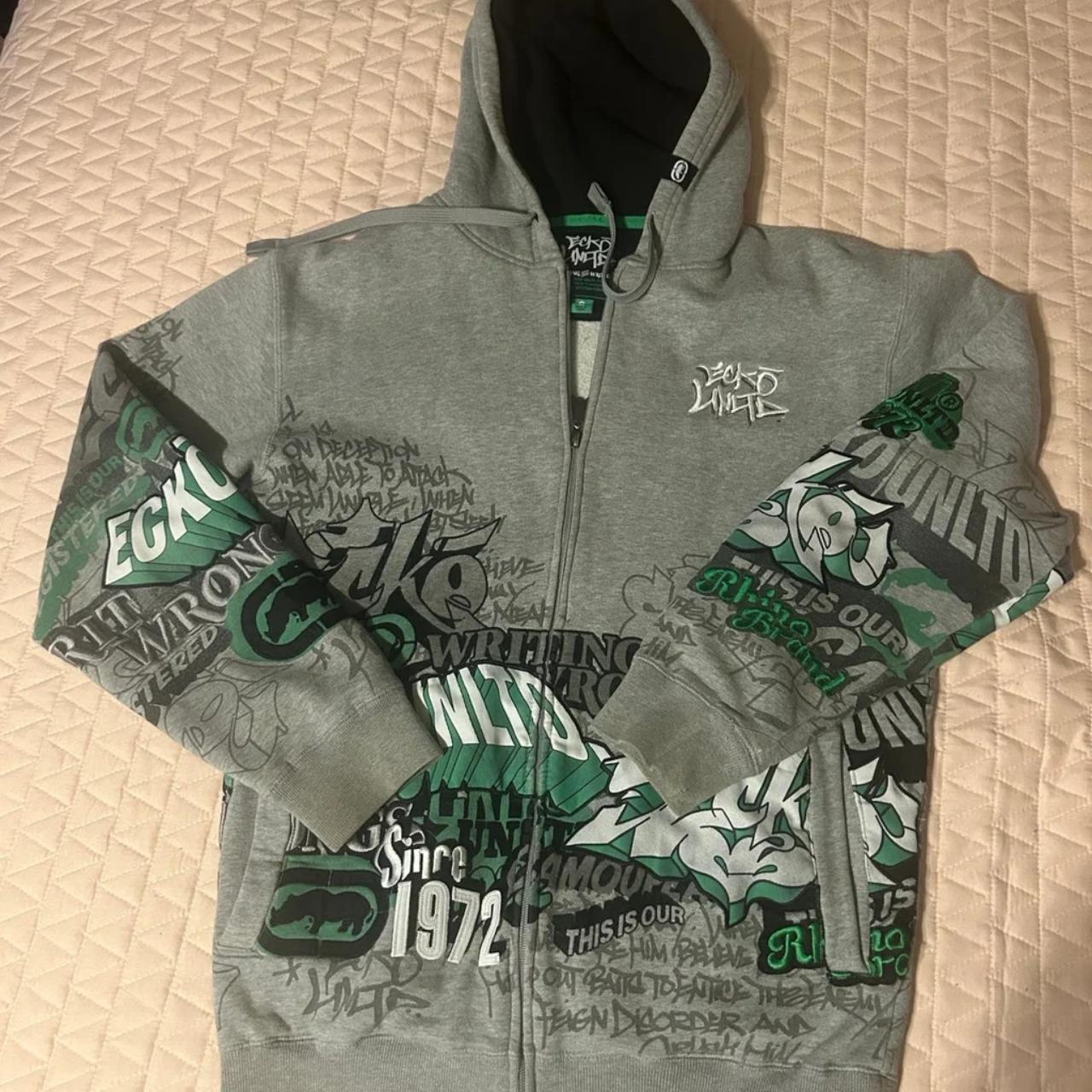 ecko unltd zip up jacket Gray , white black and... - Depop