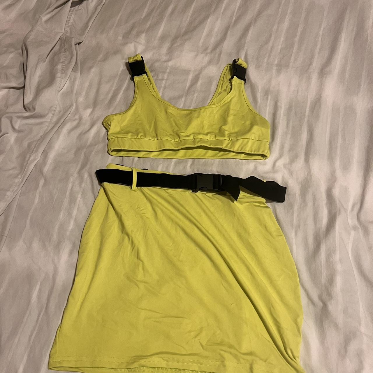 Neon yellow two piece rave or festival outfit. Top... - Depop