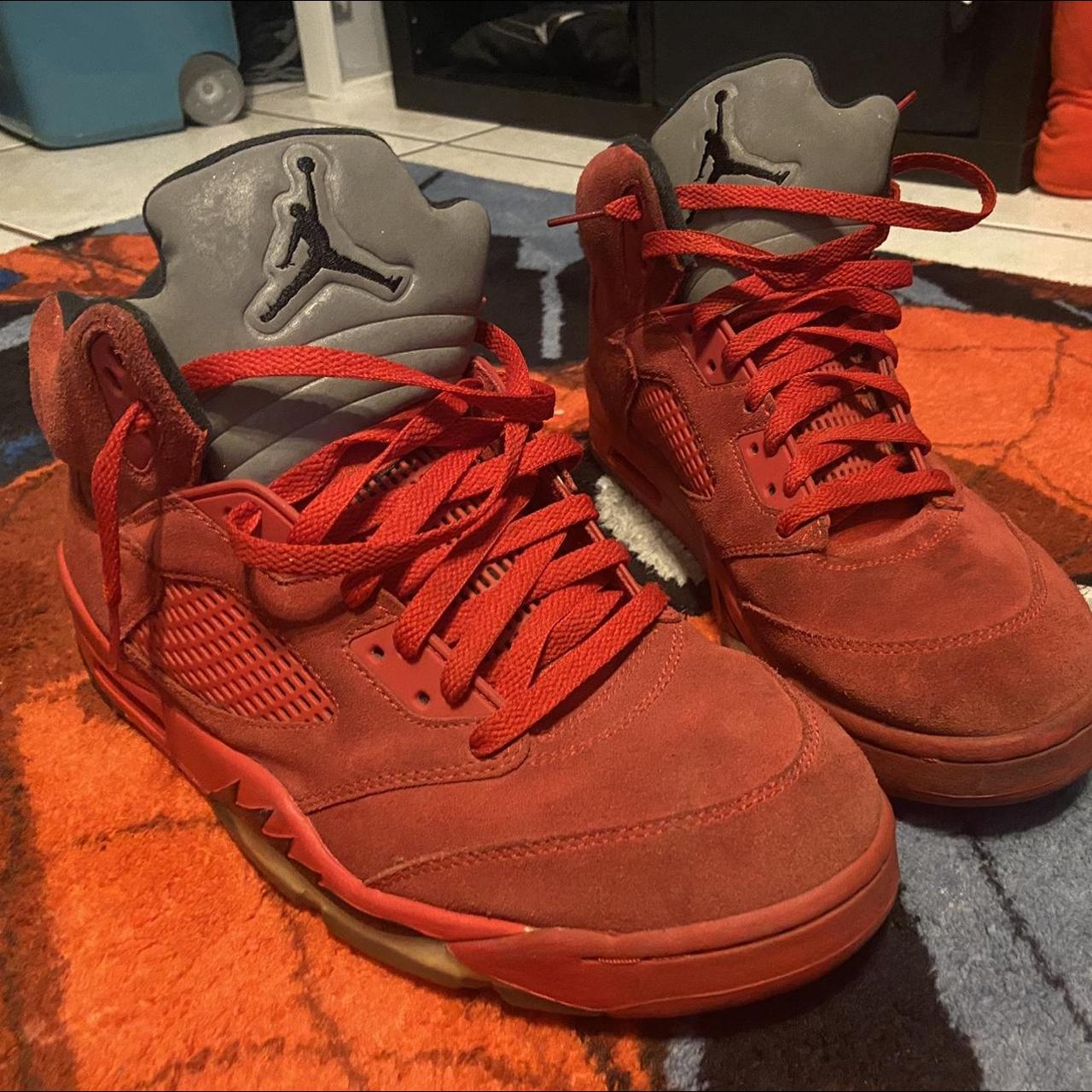 red air jordans red suede reflective tongue no... - Depop