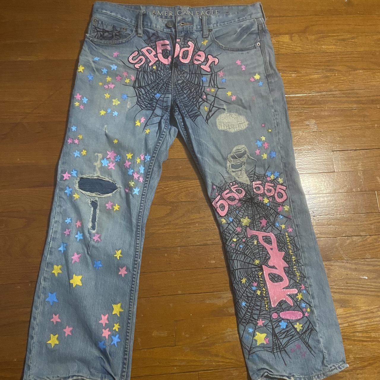 custom sp5der jeans I painted - Depop