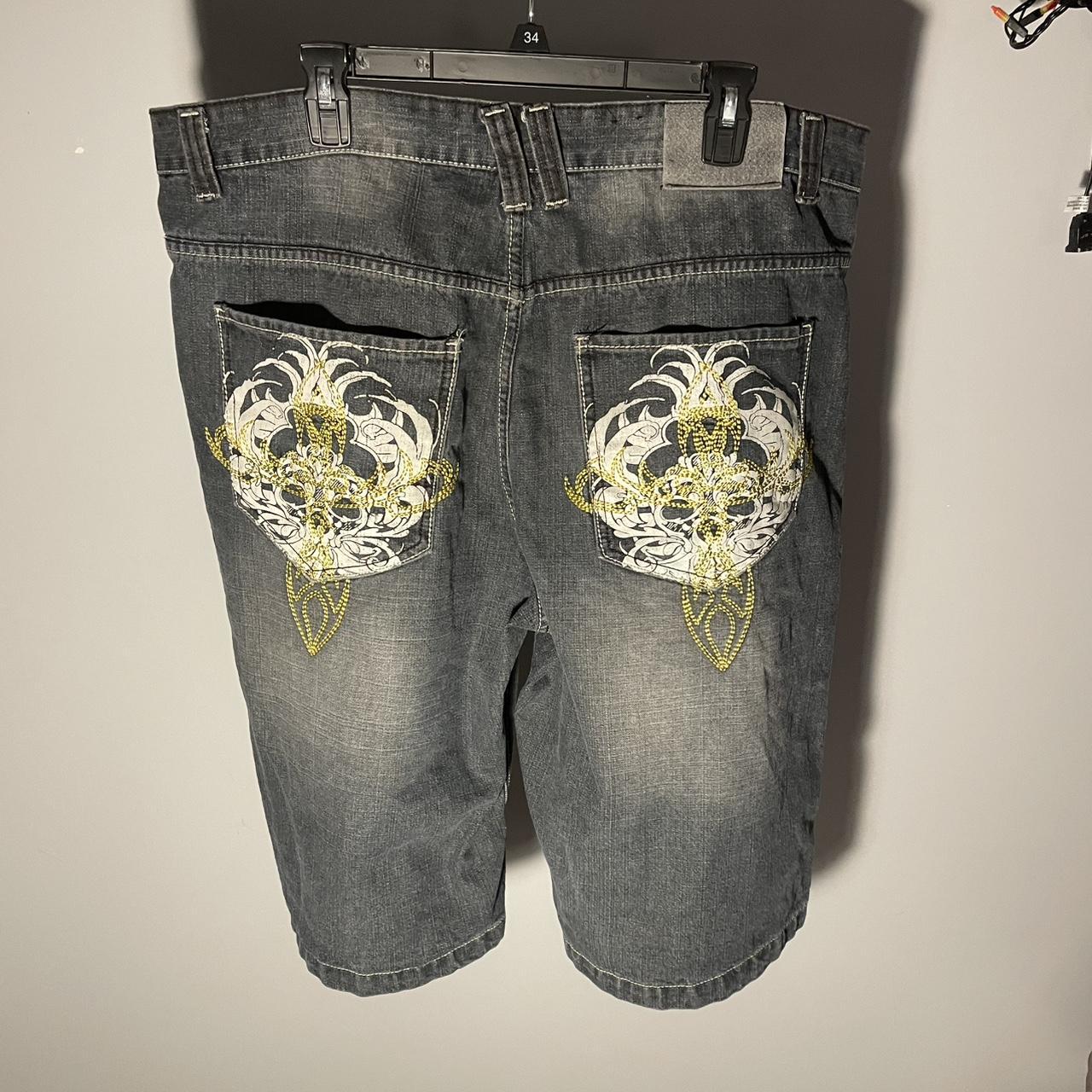 black denim jorts with cross embroidery super sick... - Depop