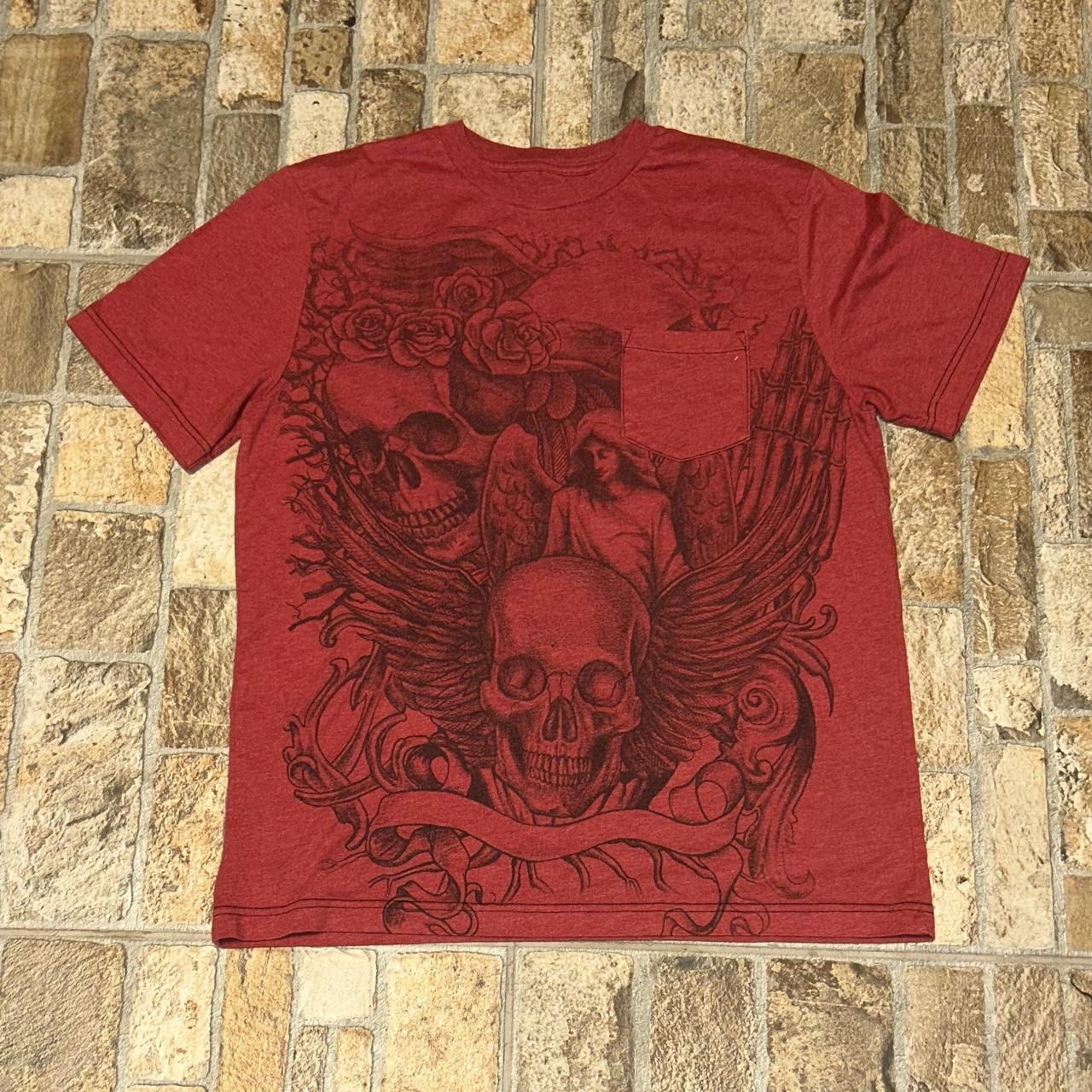 Red affliction style skull t shirt -pocket on side... - Depop