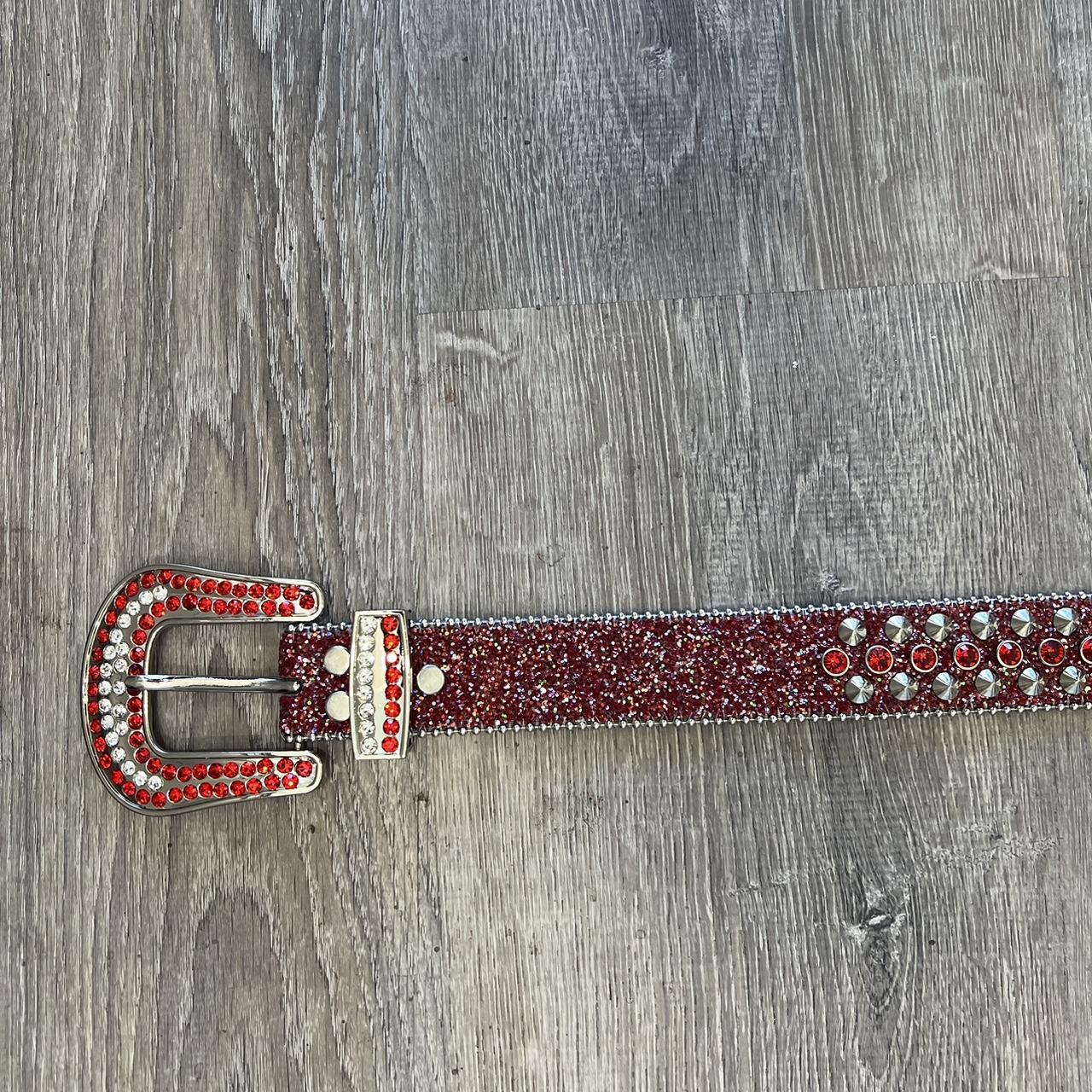 Red and silver rhinestone belt with silver accents,... - Depop