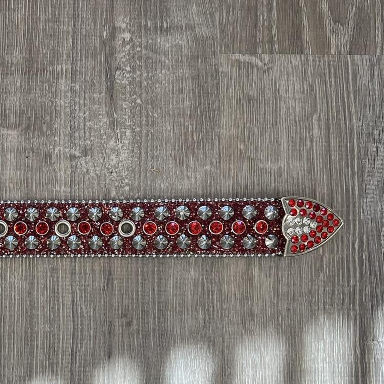 Red and silver rhinestone belt with silver accents,... - Depop