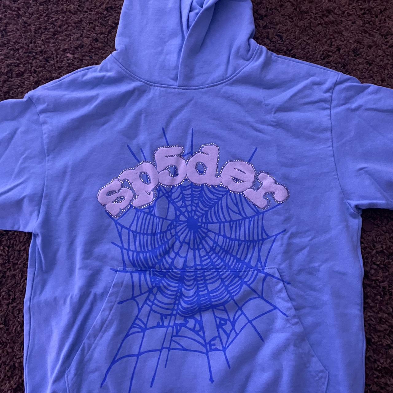 Blue rhinestone sp5der hoodie Large Very... - Depop