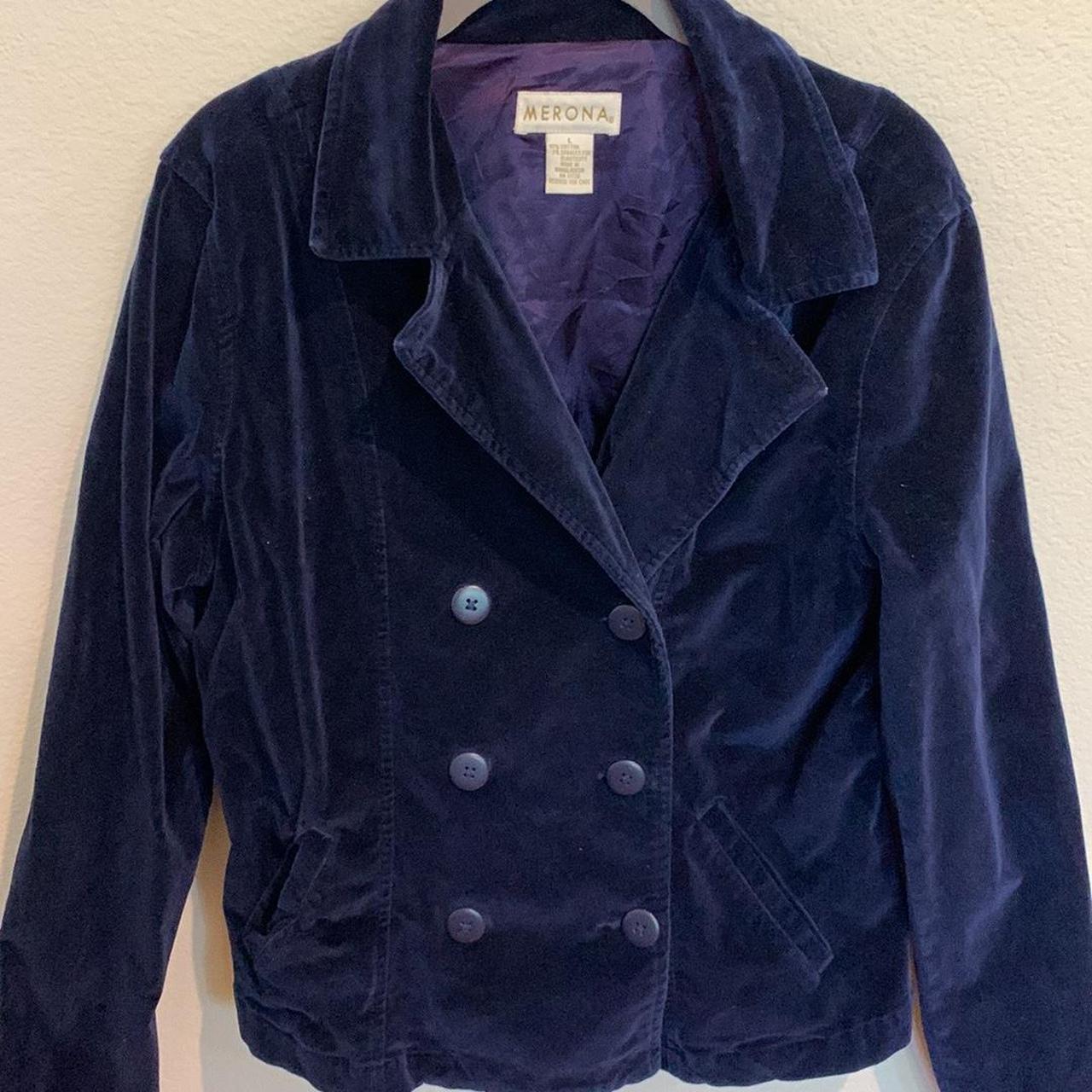 Large Navy Blazer, velvet-like material, side... - Depop