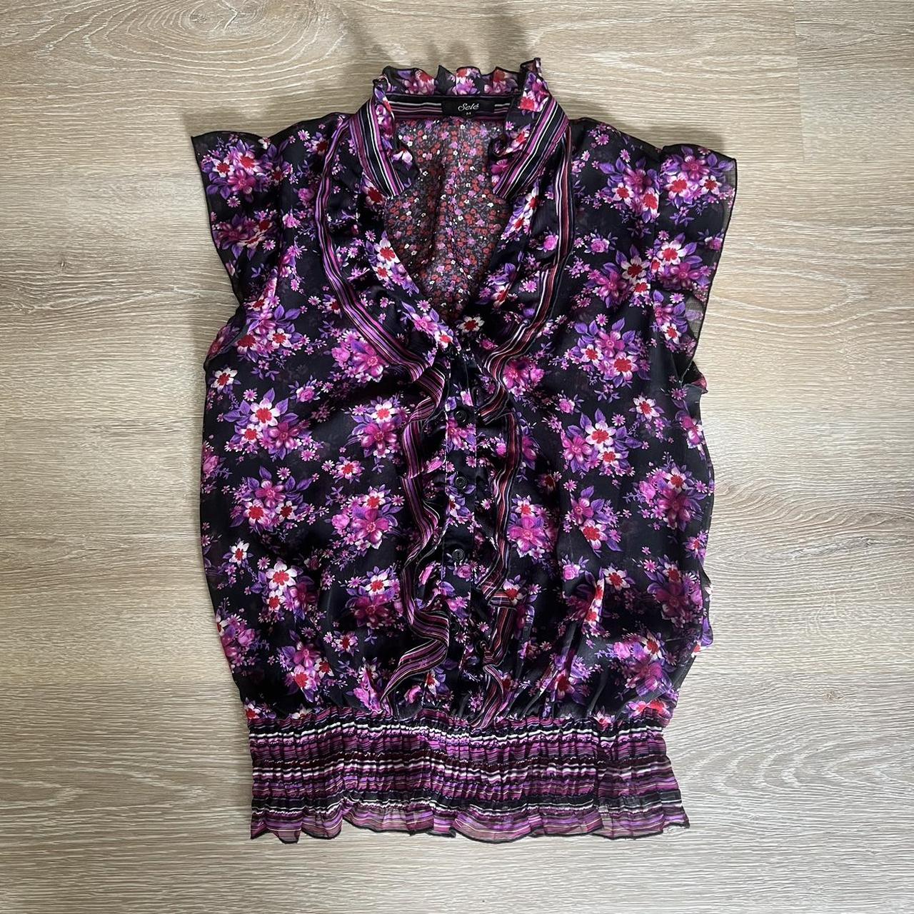 Vintage Y2K Ruffled Floral top Sheer button-up with... | Depop