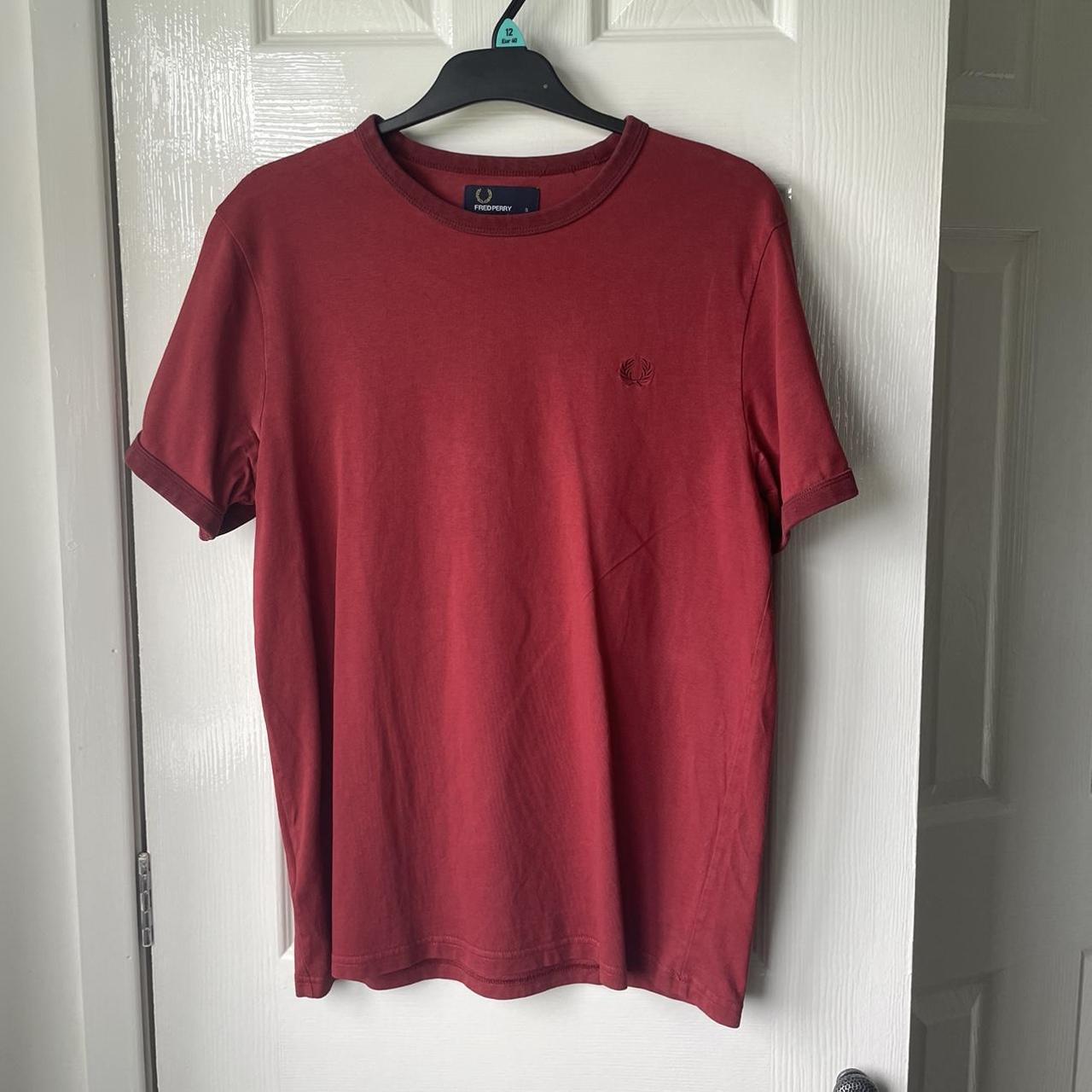 Red Fred Perry T-shirt size small. Used with damage... - Depop