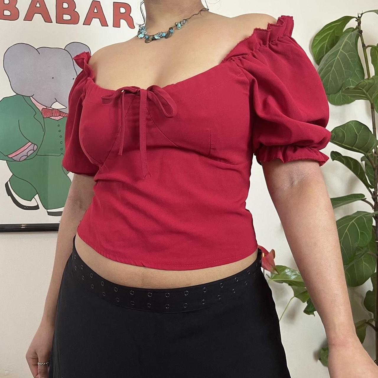 Deep red top with balloon sleeves that can be worn... - Depop