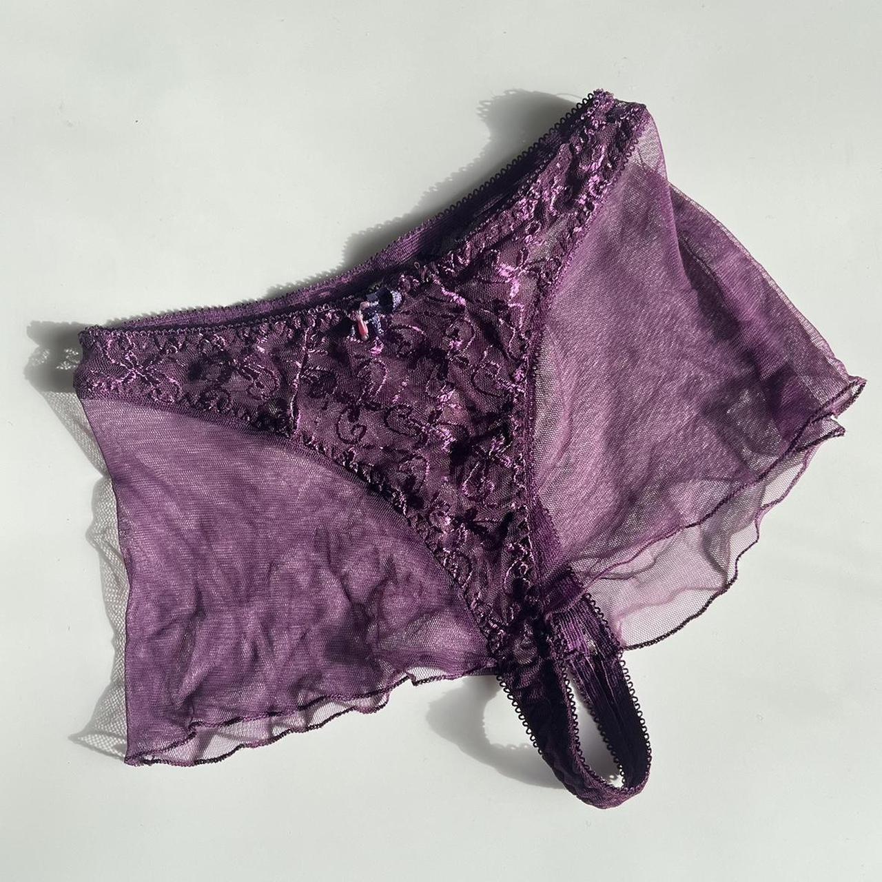 Purple mesh thong with embroidery detail. No size... - Depop