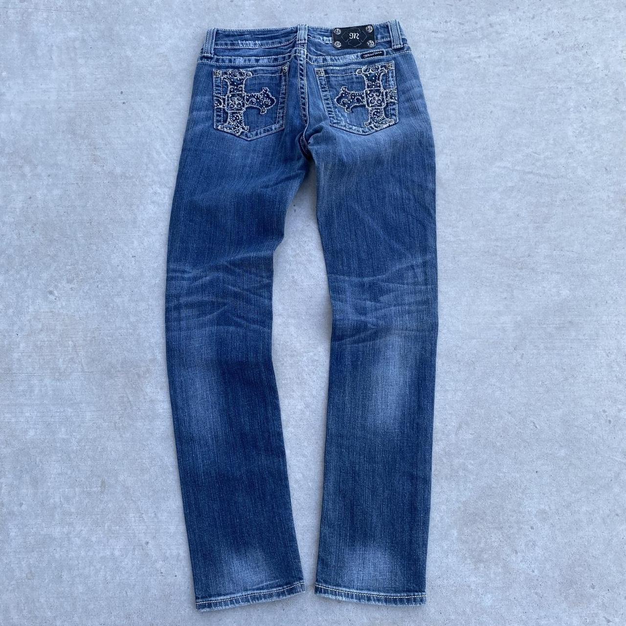 Vintage Y2K cross embroidered/gemmed miss me skinny... | Depop