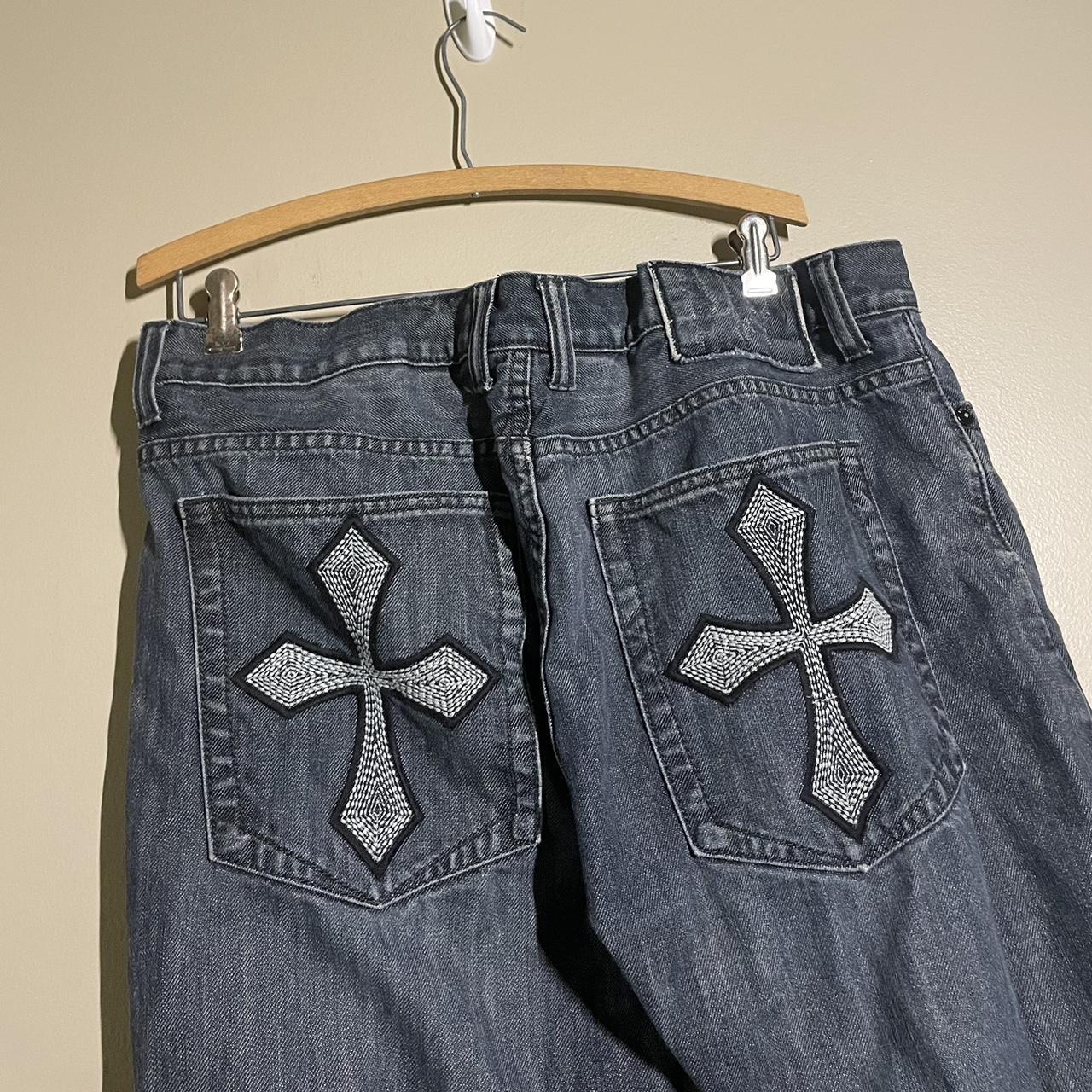 Crazy Baggy Y2K Cross Embroidered Jeans!! Tagged as... - Depop