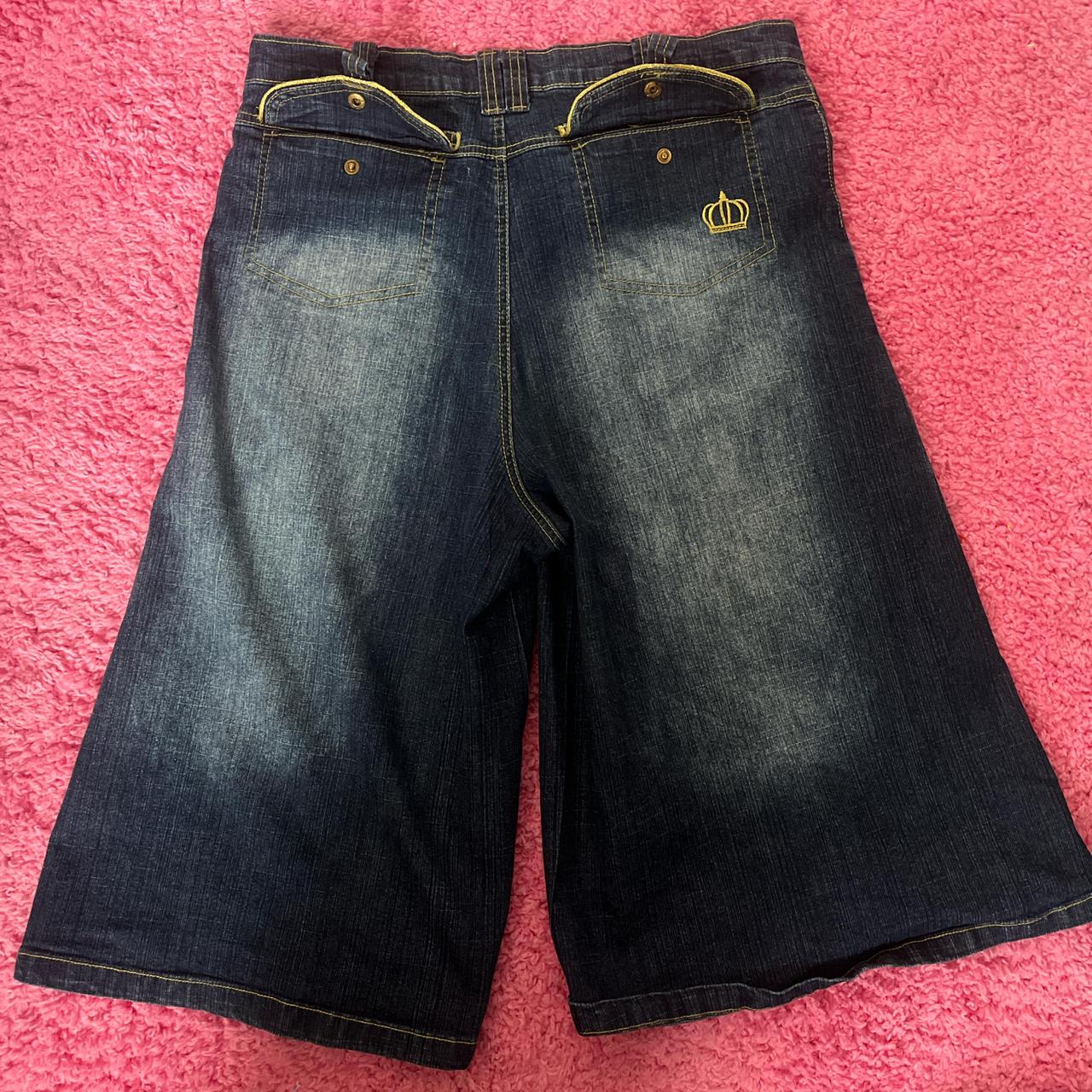 Old Skool baggy denim jorts with yellow... | Depop
