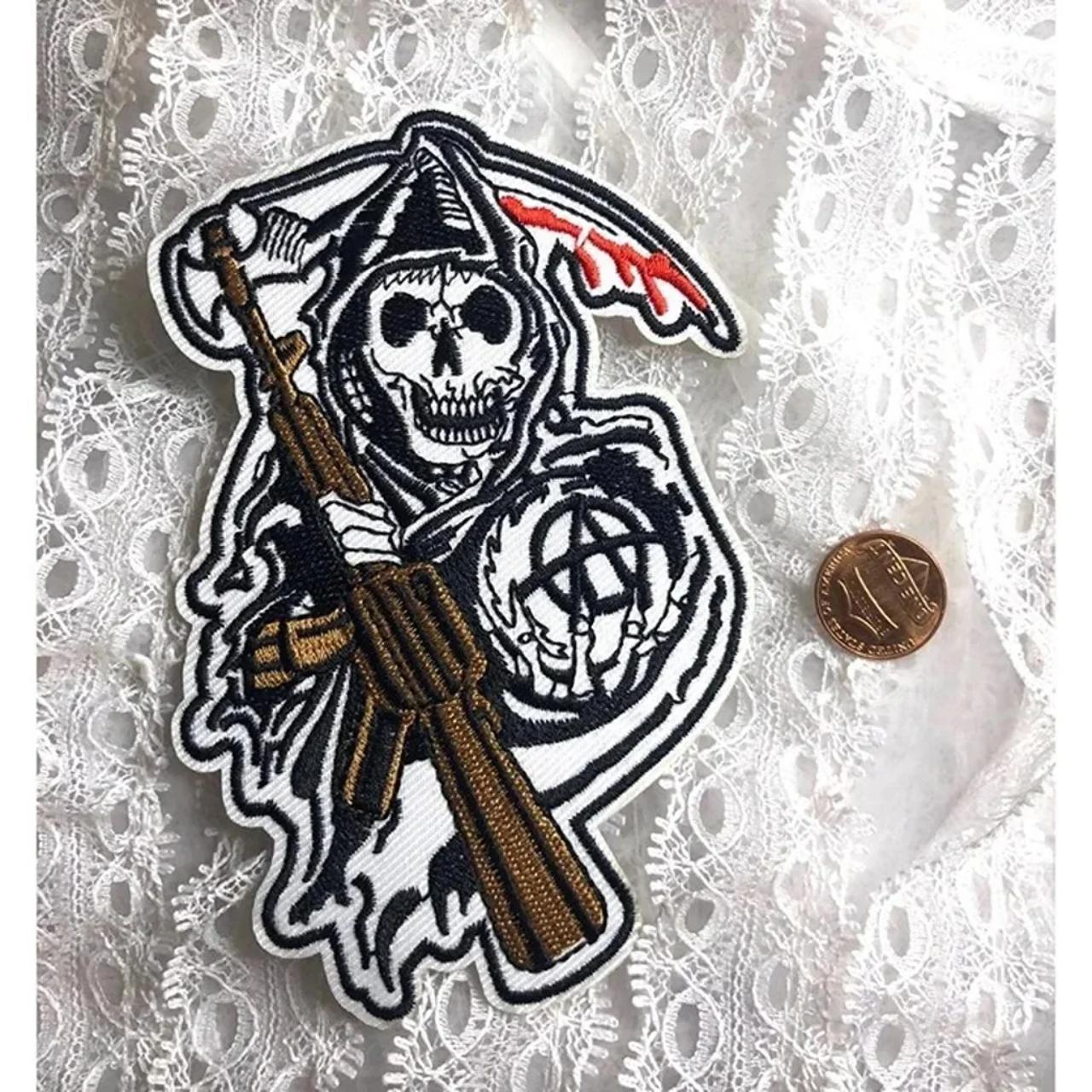 Iron on Patch Death skeleton with Gun-G Brand... - Depop