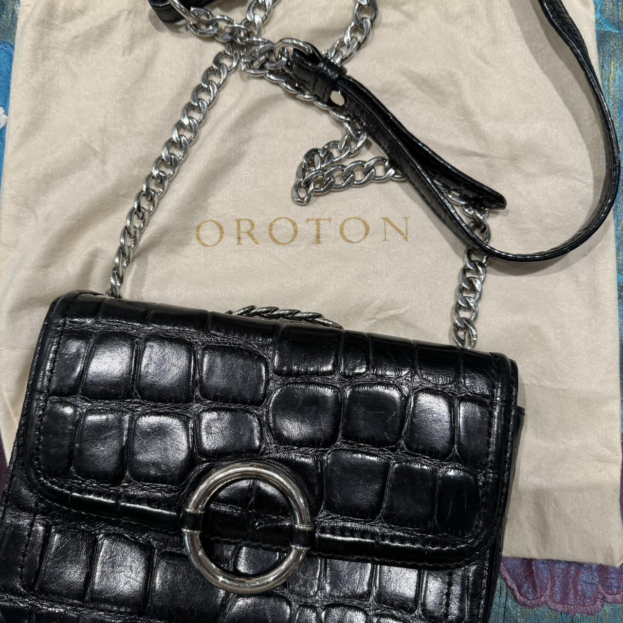 Oroton Black Leather, small handbag, with silver and... - Depop