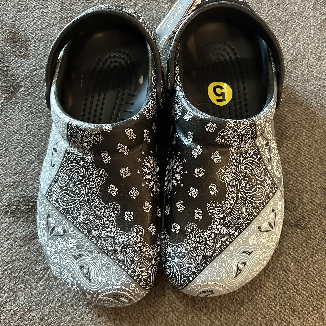 CROCS Bistro Black Gray Paisley Bandana Sandals Clog... | Depop