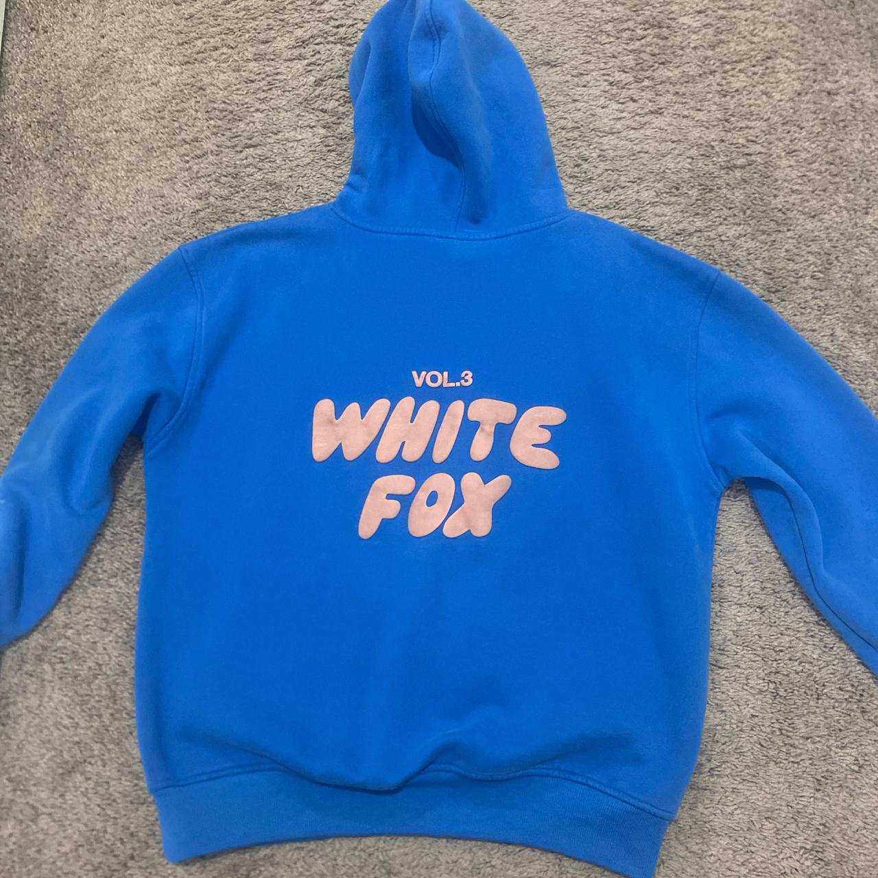 s/m blue white fox hoodie couple small stains on... - Depop
