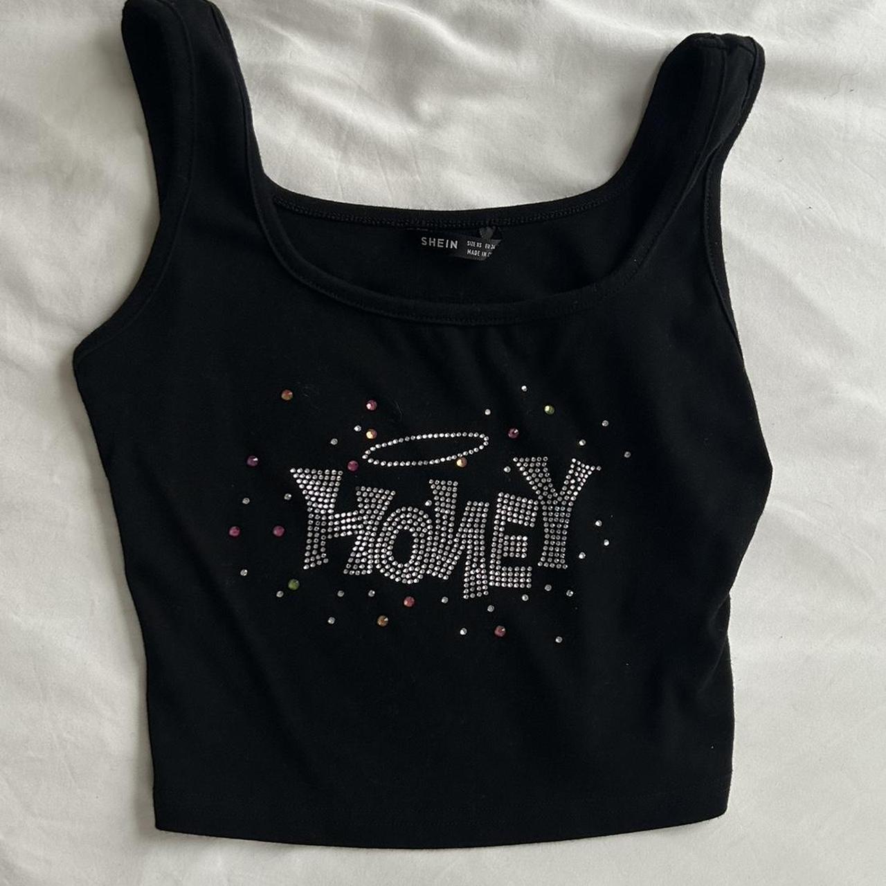 Y2K Honey bedazzled cropped black tank #bedazzled... - Depop