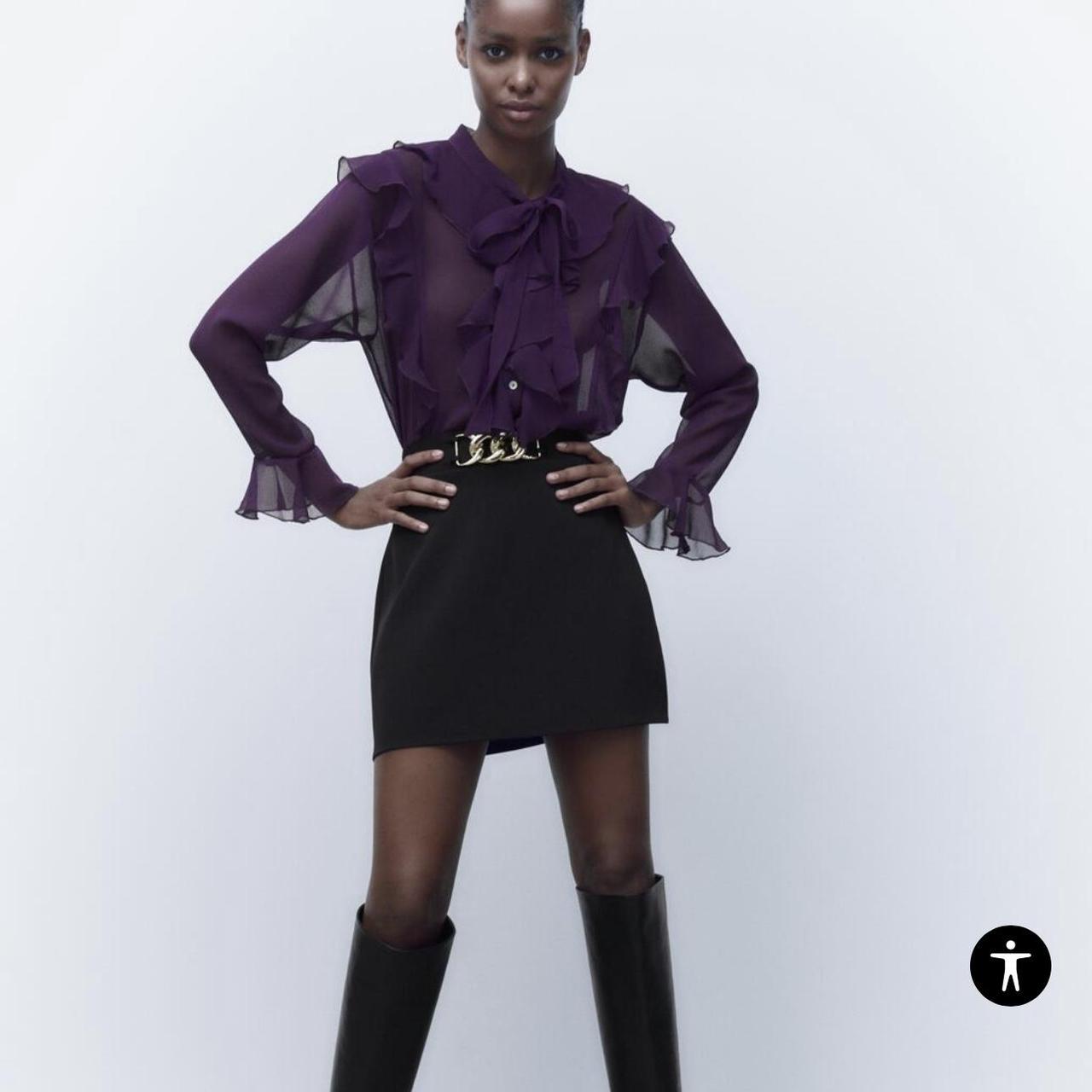 Zara Semi sheer ruffle flowy purple blouse size... - Depop