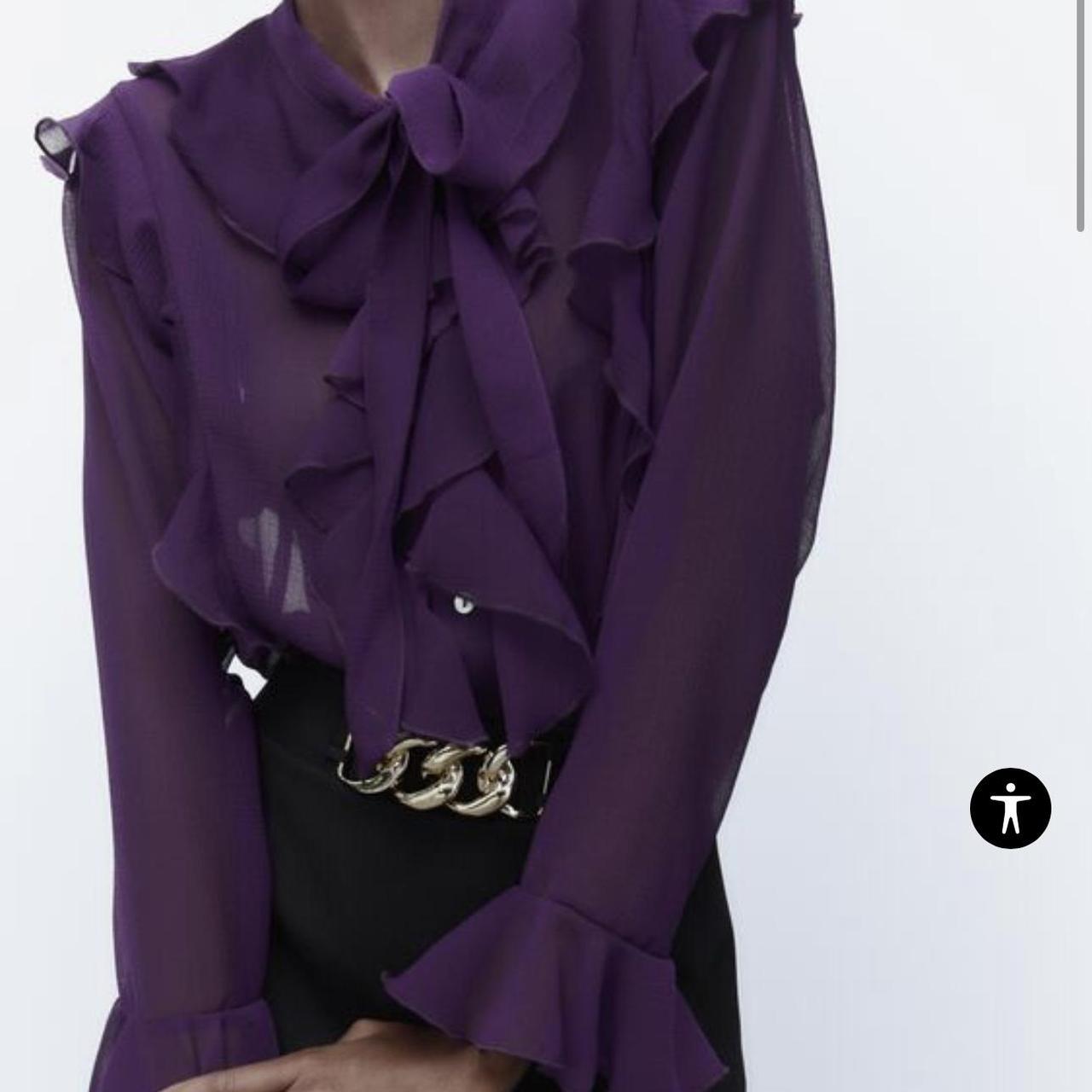 Zara Semi sheer ruffle flowy purple blouse size... - Depop