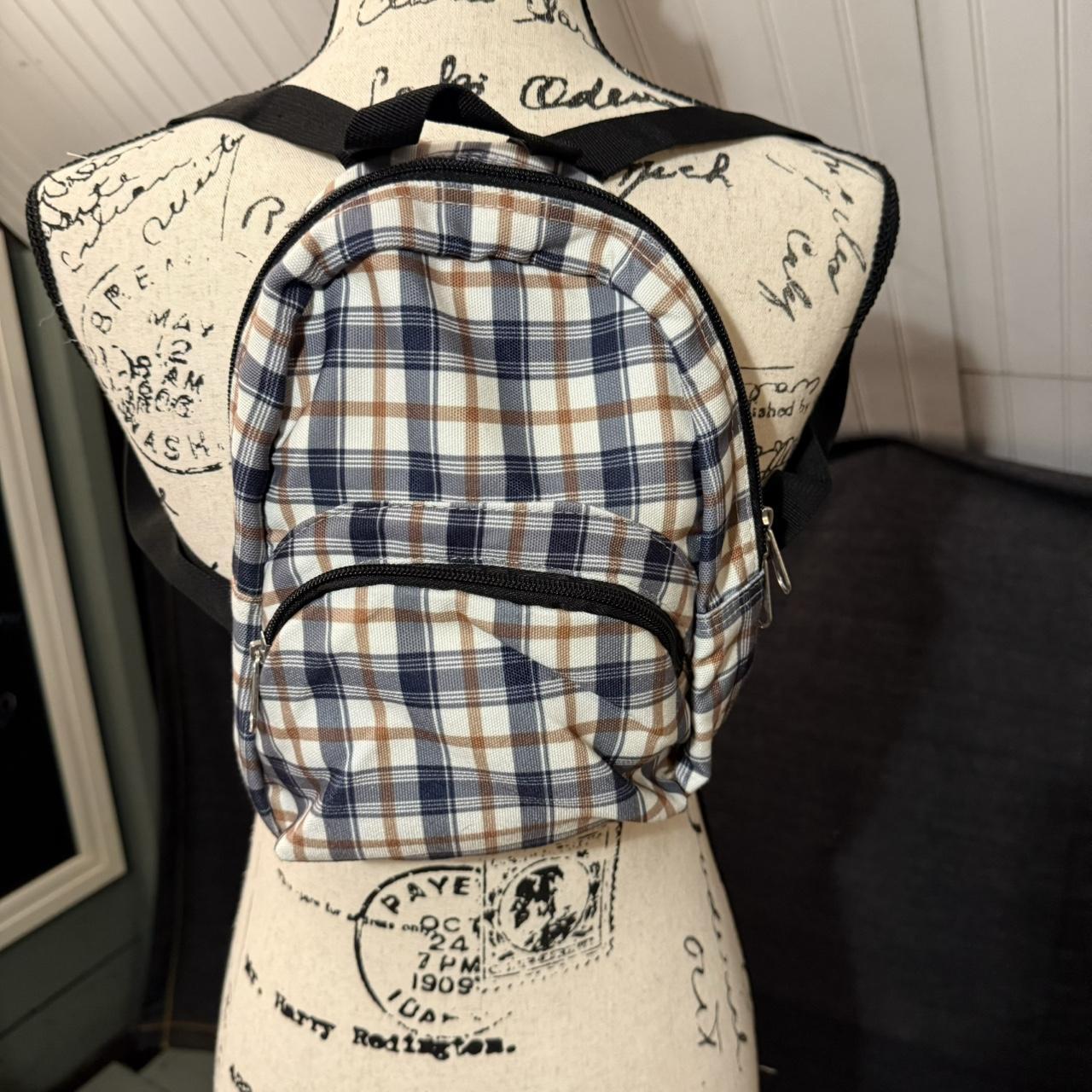 Brown and tan plaid mini backpack with adjustable... - Depop