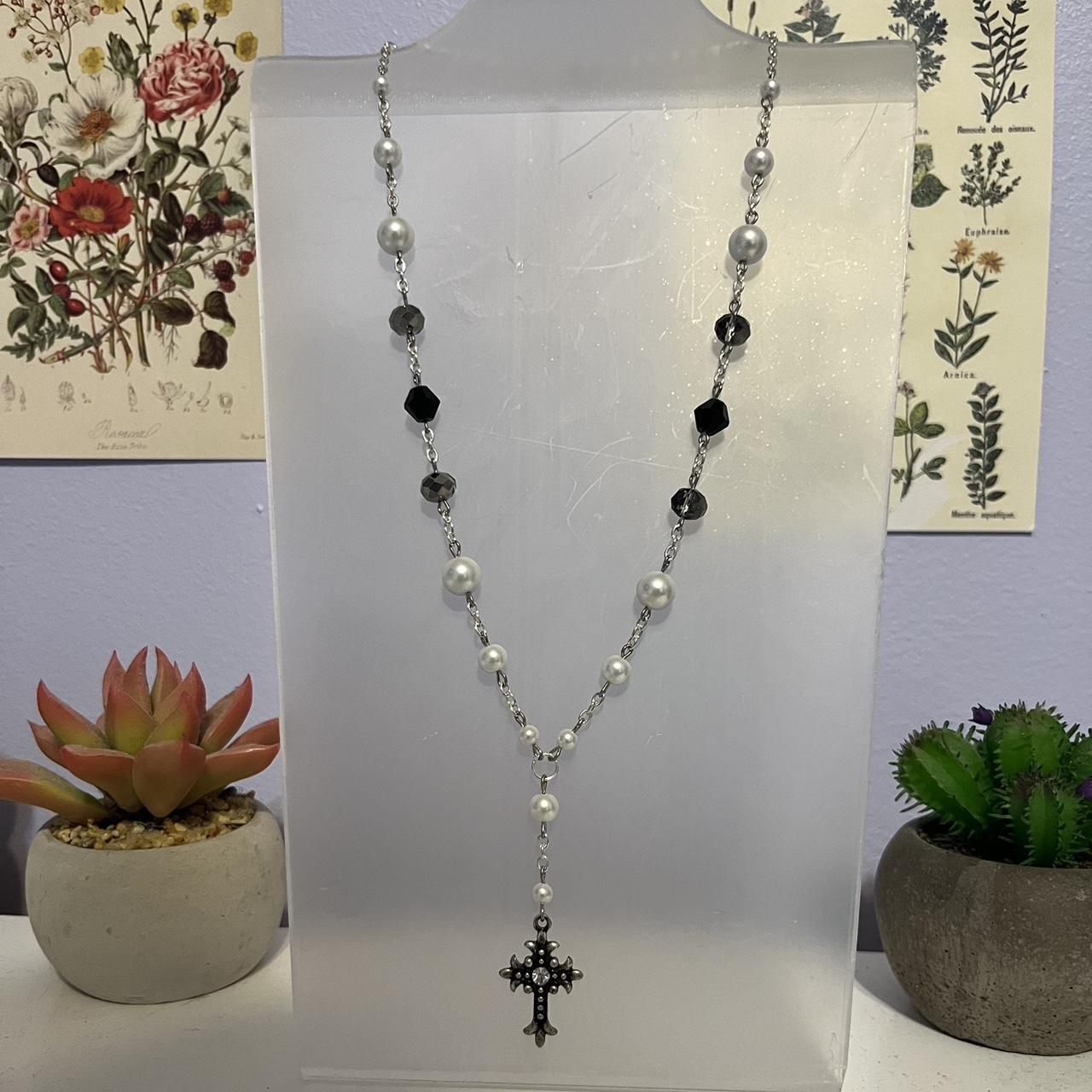 handmade rosary necklace with bedazzled cross with... - Depop
